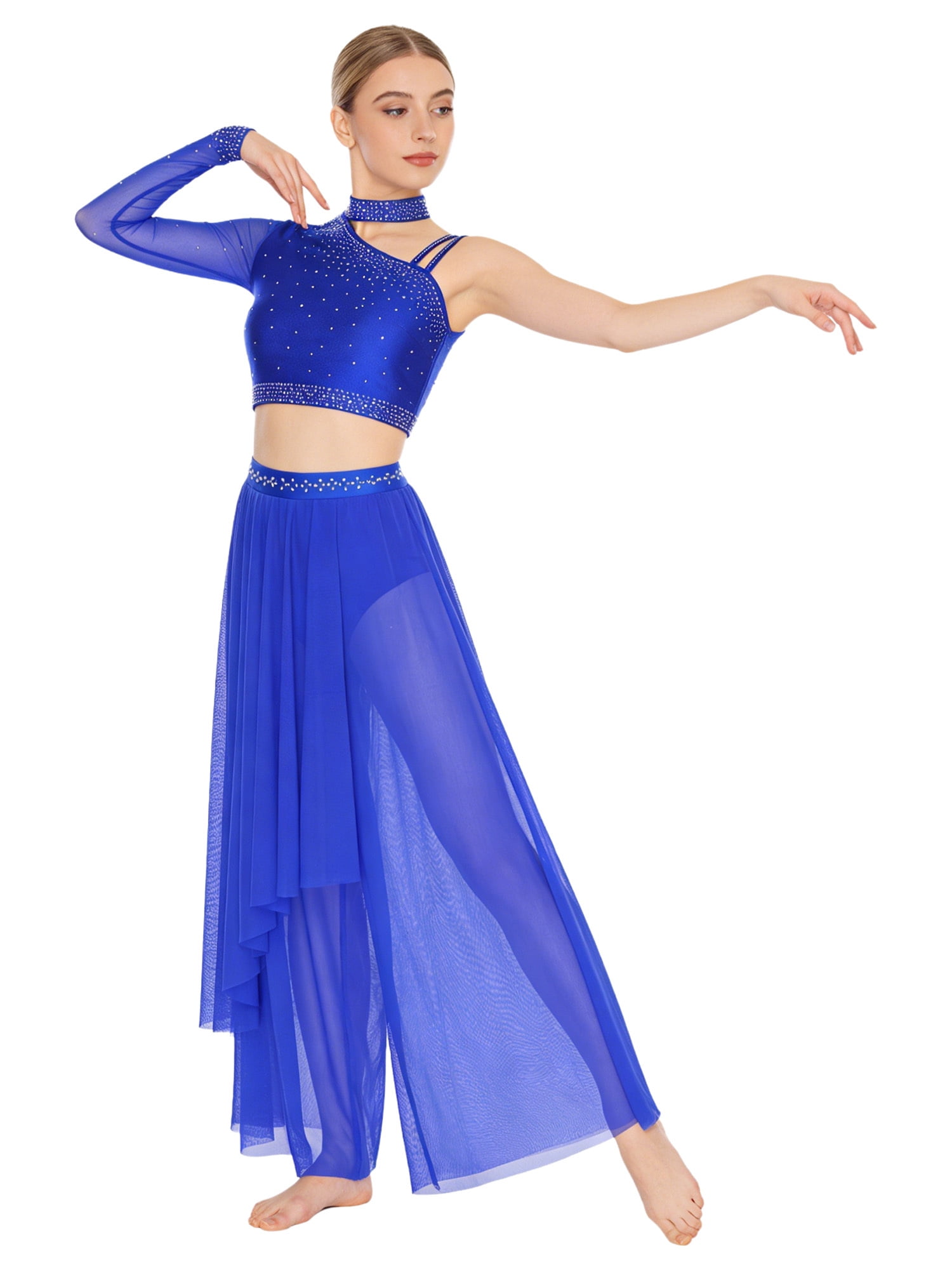 Raenseen Womens Lyrical Dance Outfits Long Sleeve Asymmetrical Shoulder ...