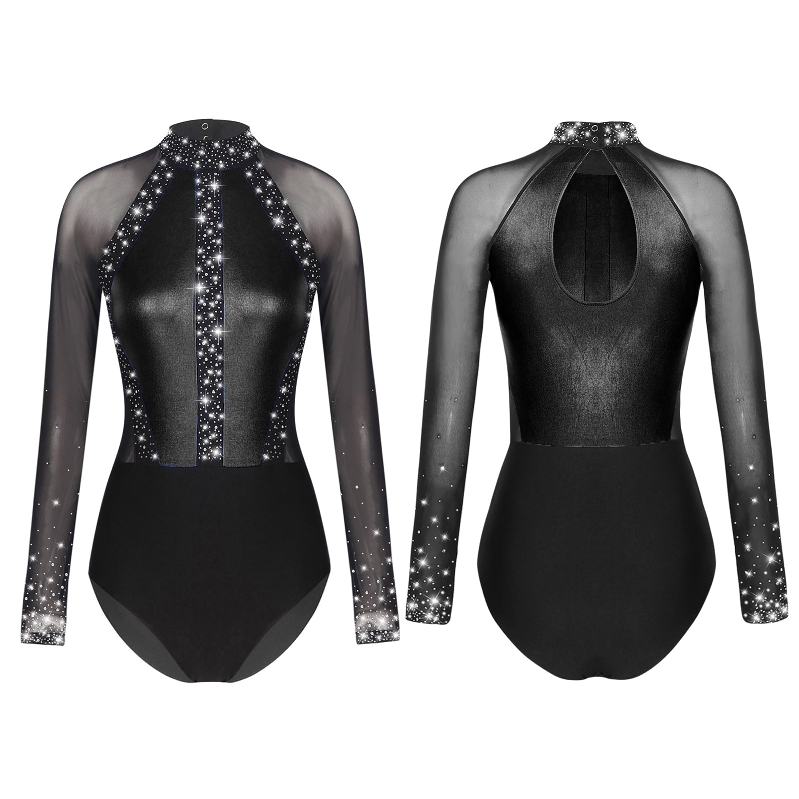 Raenseen Womens Sparkling Rhinestones Mesh Long Sleeve Gymnastics Dance ...