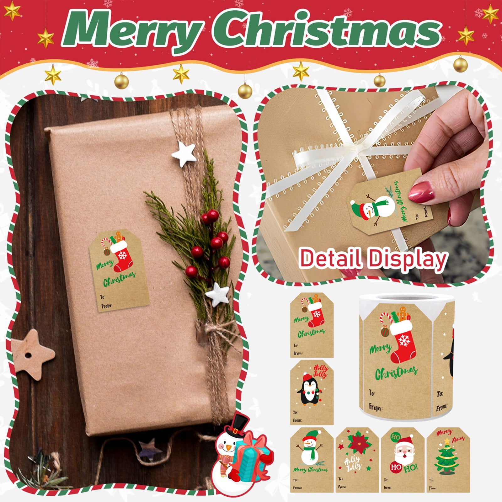 Rafayl Sticky Christmas Tags Stickers for Gifts Wrappings, 250PCS Kraft ...