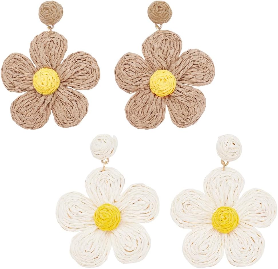 Raffia Earrings 2 Pairs Rattan Flower Earrings for Women Bohemian Rattan Flower Earrings for ...