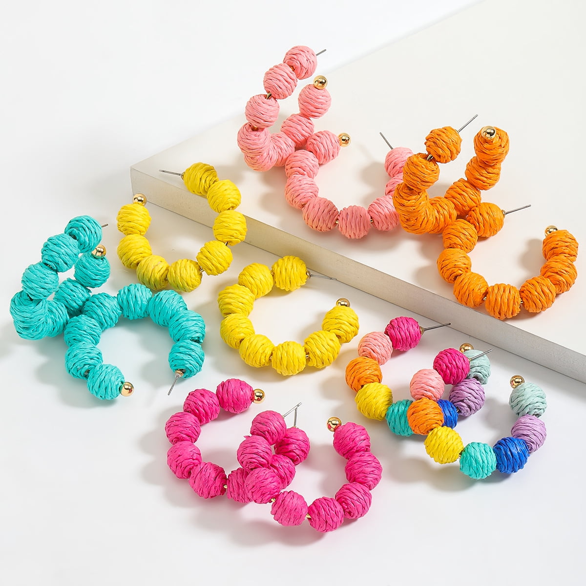 Raffia Earrings Boho Rattan Hoop Earrings for Women Summer Raffia Ball Large Circle Earrings ...