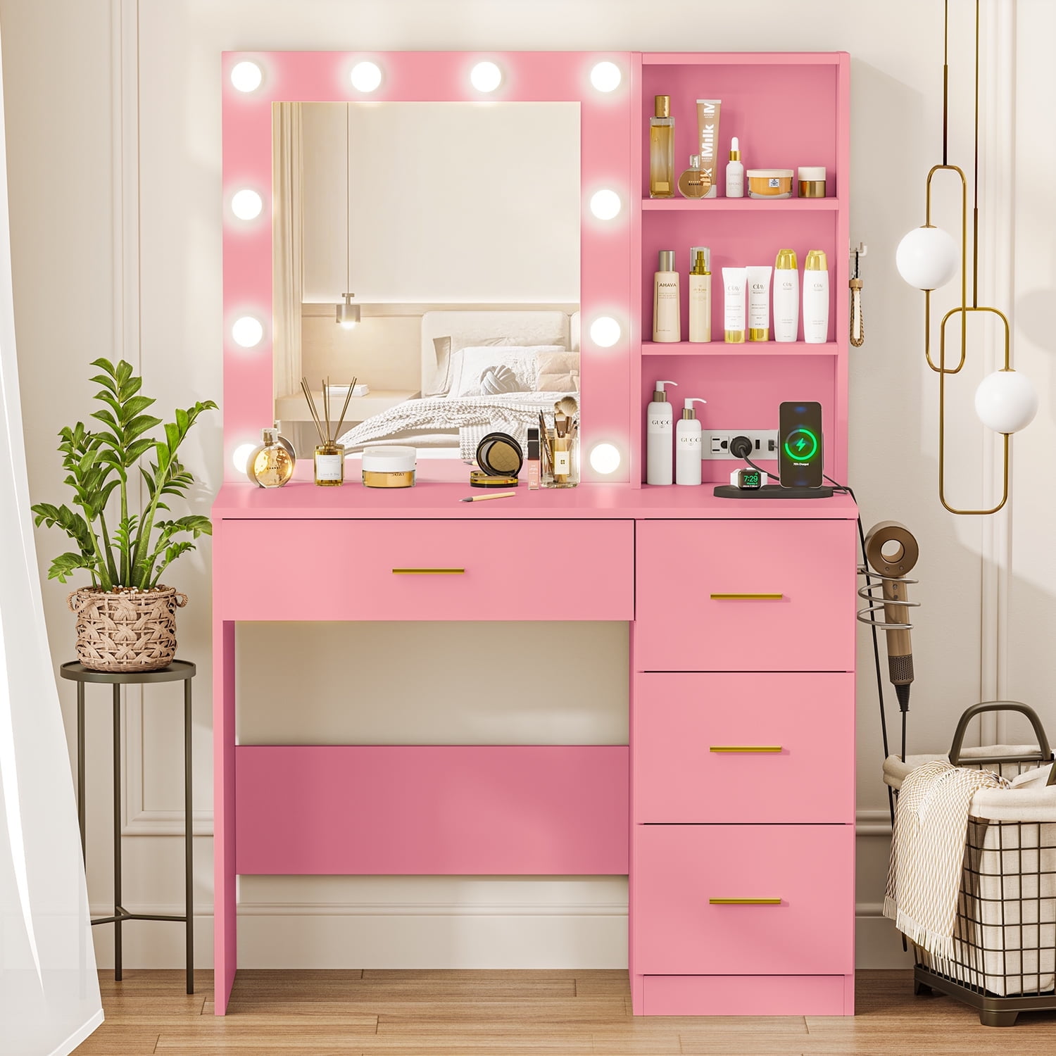 Raffle Pinker Vanity Desk Makeup Dressing Table with Mirror and Lights ...