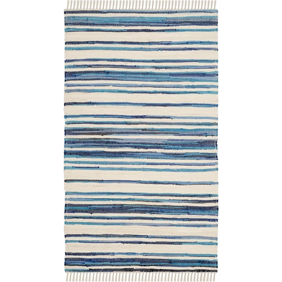 Rag Rug Collection Accent Rug - 2' x 3', Ivory & Blue, Handmade Boho ...