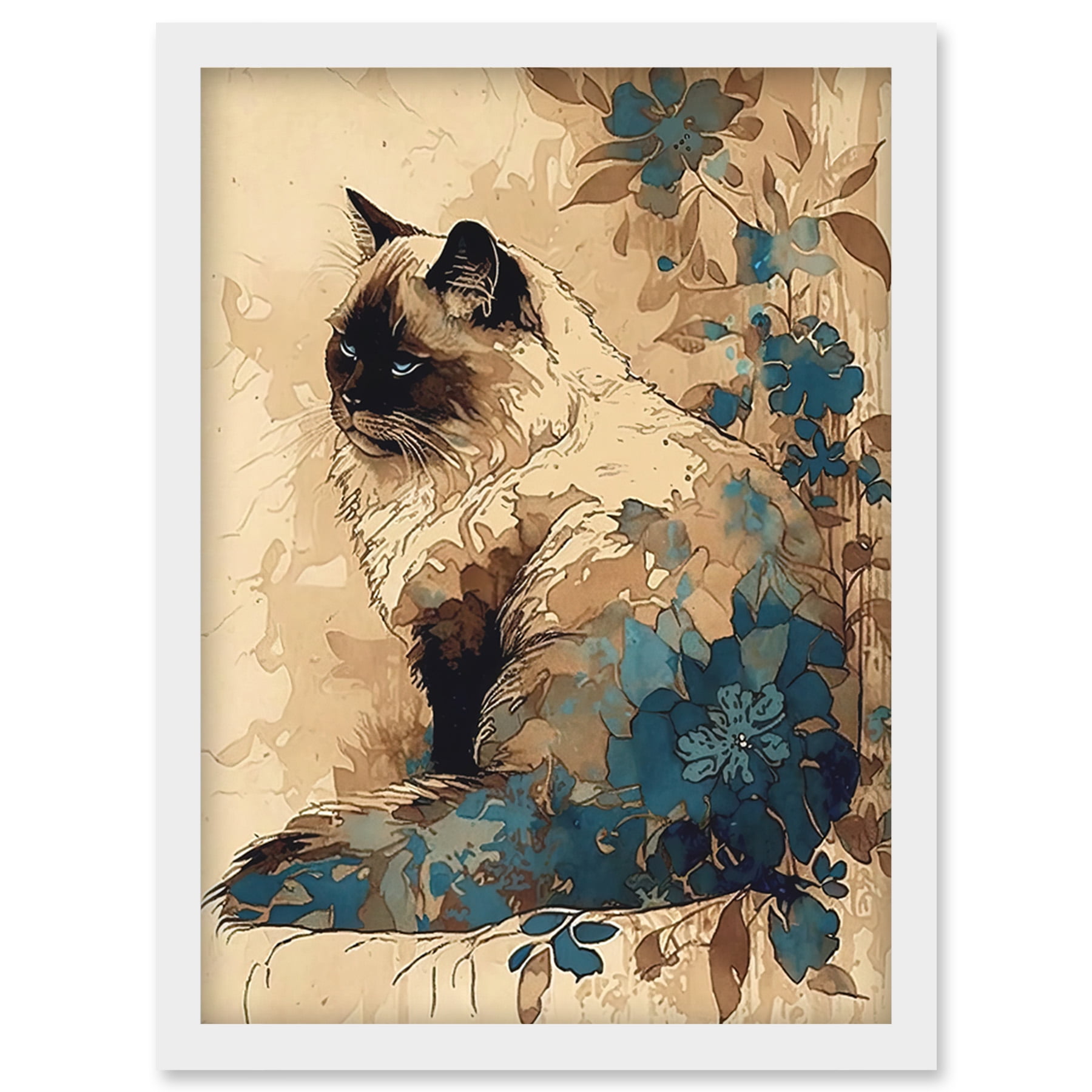 Ragdoll Cat with Floral Patterns Watercolour Illustration Artwork Framed Wall Art Print A4 ...