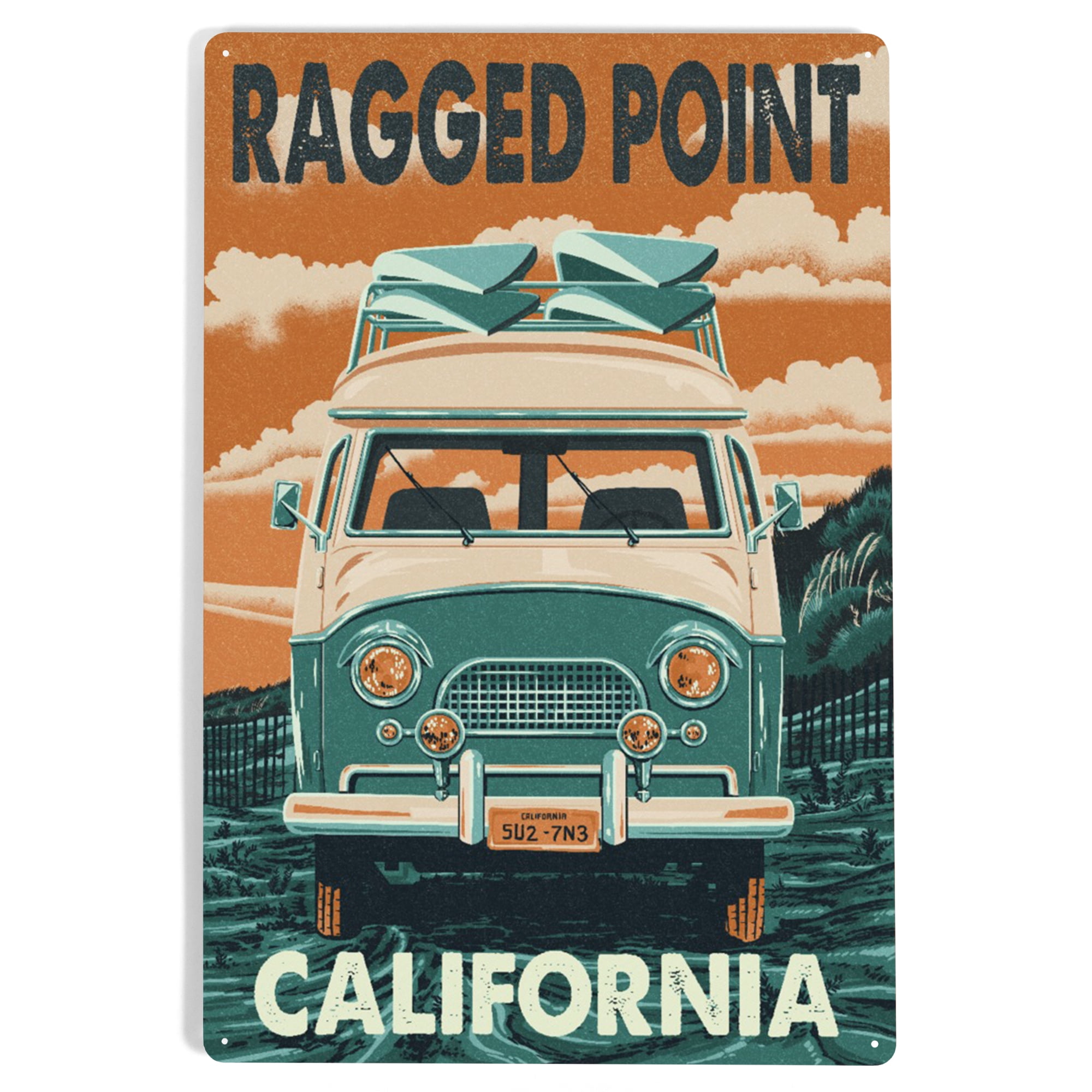 Ragged Point, California, Letterpress, Camper Van (12x18 Aluminum Art ...