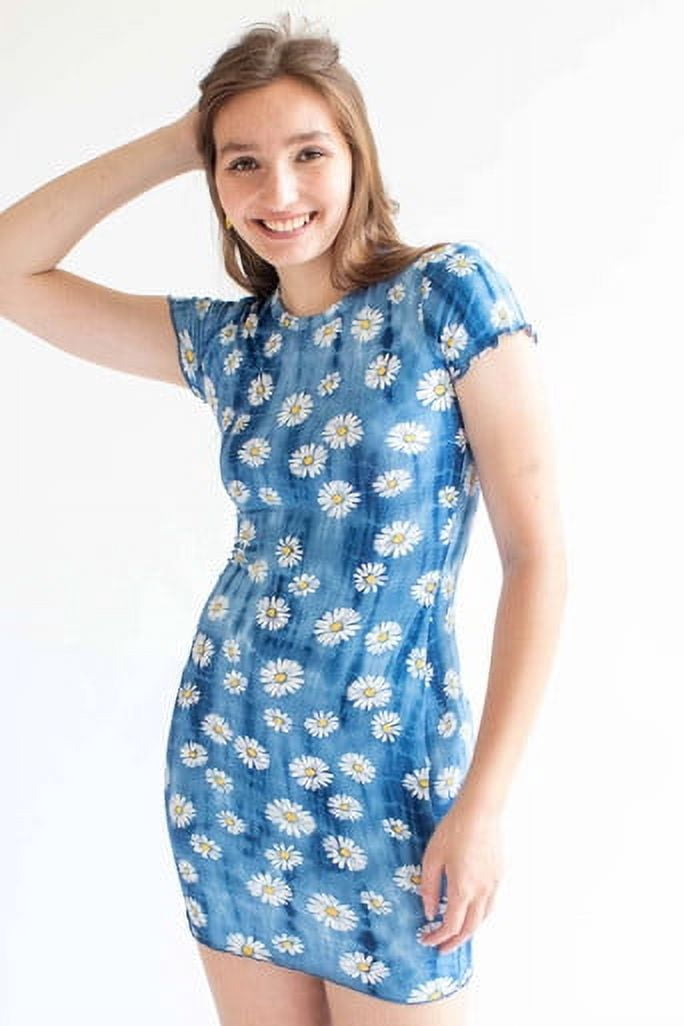 Blue Daisy Tie Dye Short Sleeve Mini Dress - Floral Print Casual Outfit ...