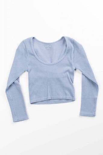 Ragstock Blue Ribbed Seamless Scoop Neck 3/4 Sleeve Top - Walmart.com