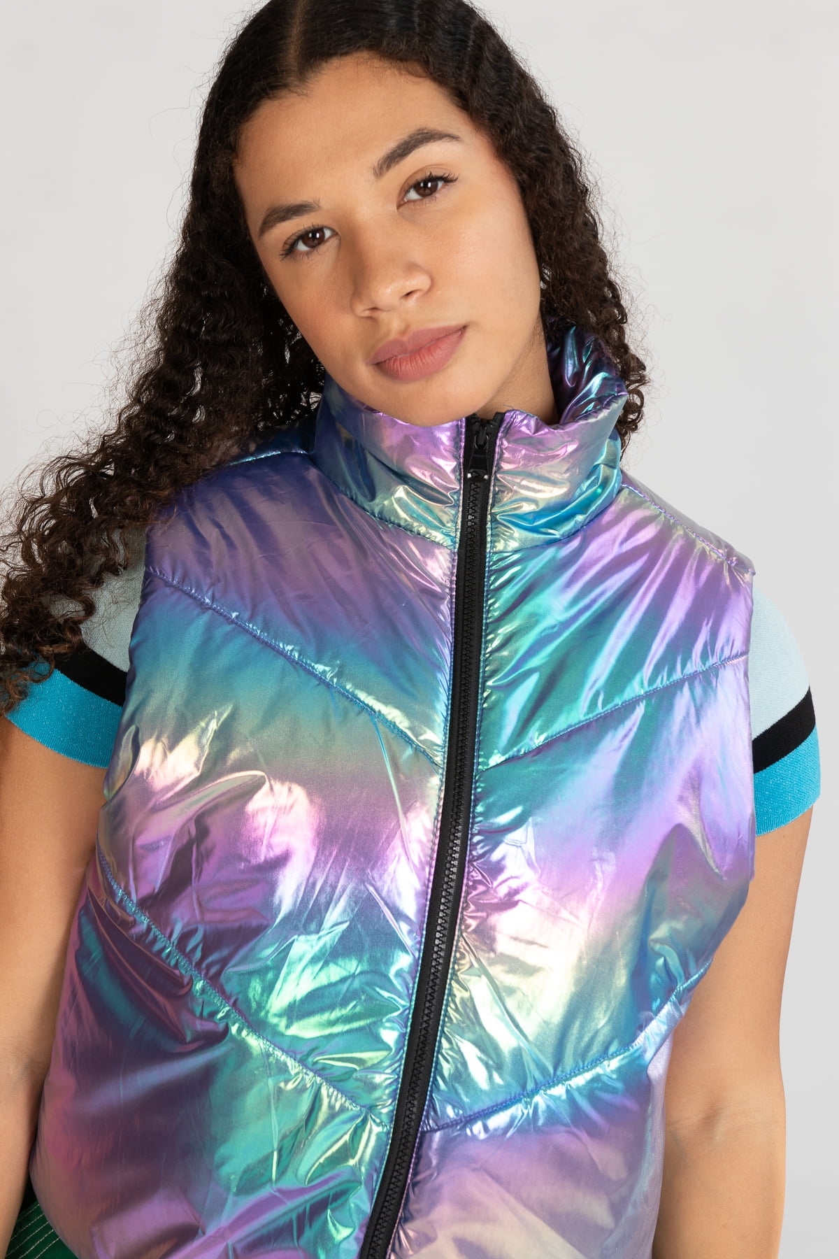 Iridescent Puffer Vest - Shiny Metallic Sleeveless Jacket - Walmart.com