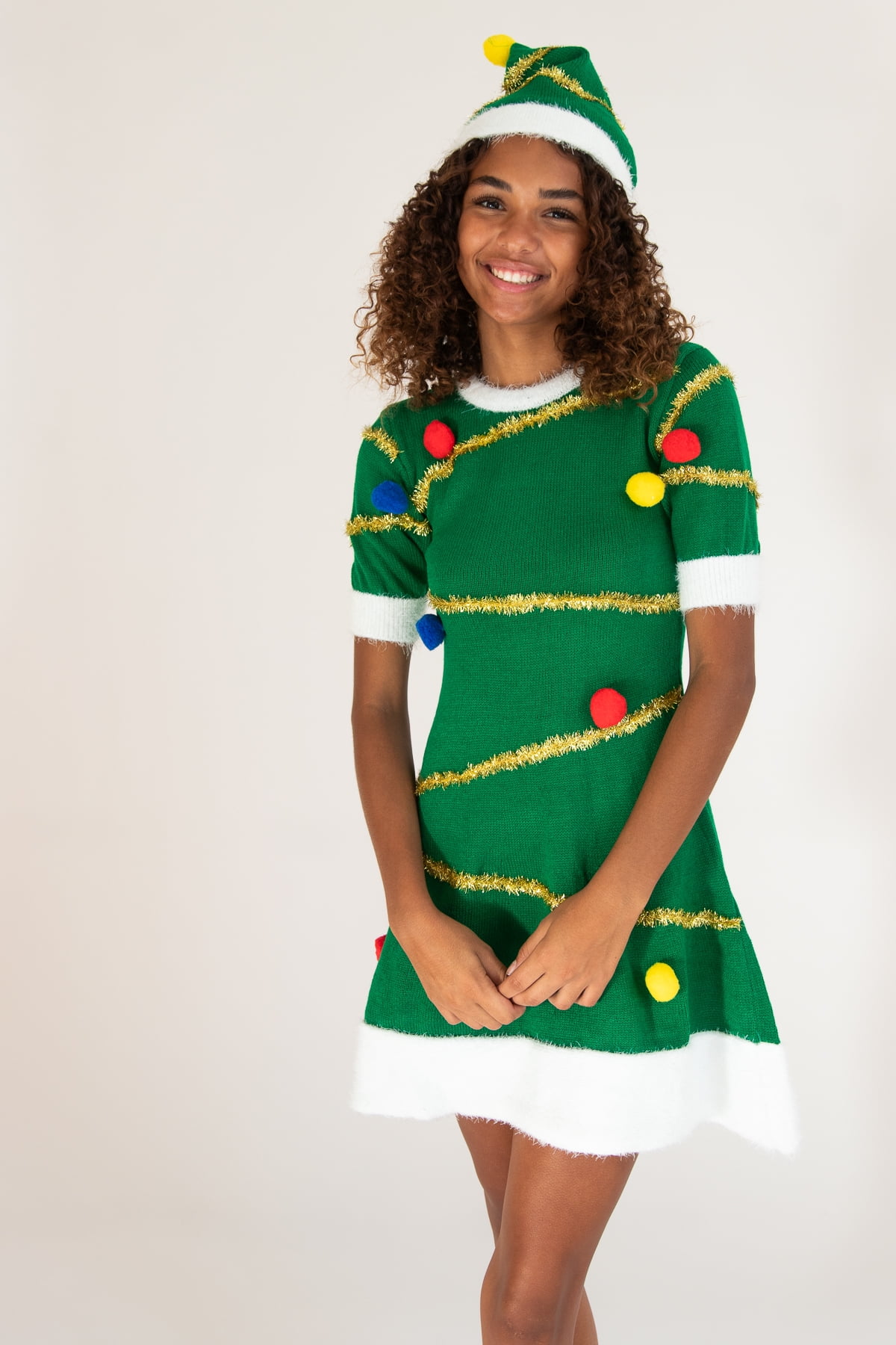 Ragstock Tinsel Pom Christmas Tree Sweater Dress - Walmart.com