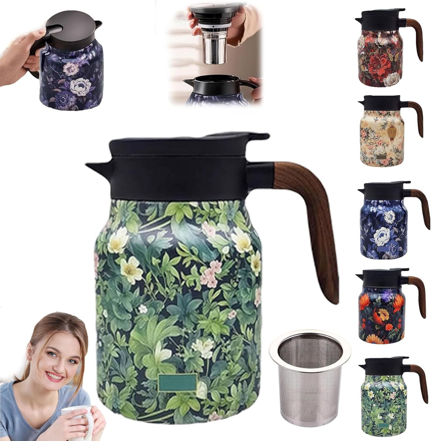 Raidley Vintage Floral Pattern Tea Thermos, Doresty Thermos Tea Pot ...