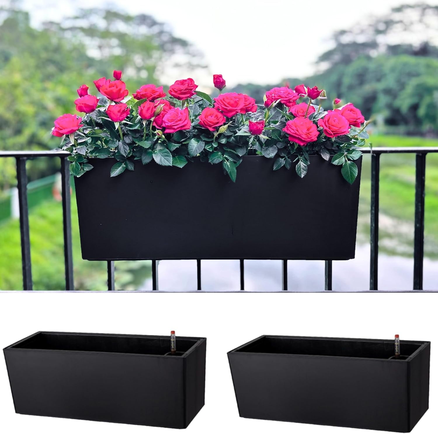Rail Planter for Balcony Outdoor (2 Pack, 20 Inch) Large Black Self ...