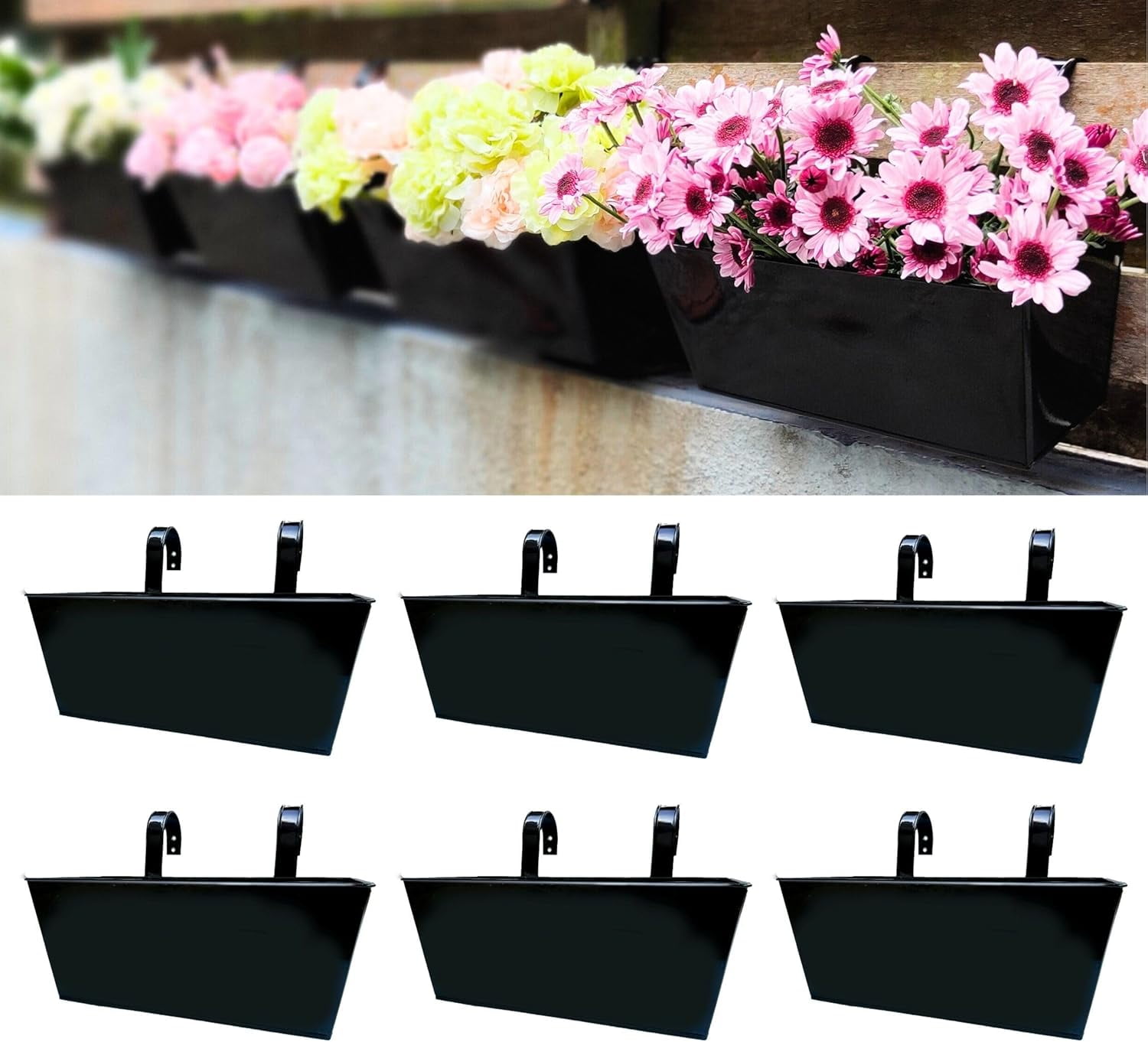 Rail Planter Box (4 Pack, 16 Inch) Large Black Metal Hanging Flower ...