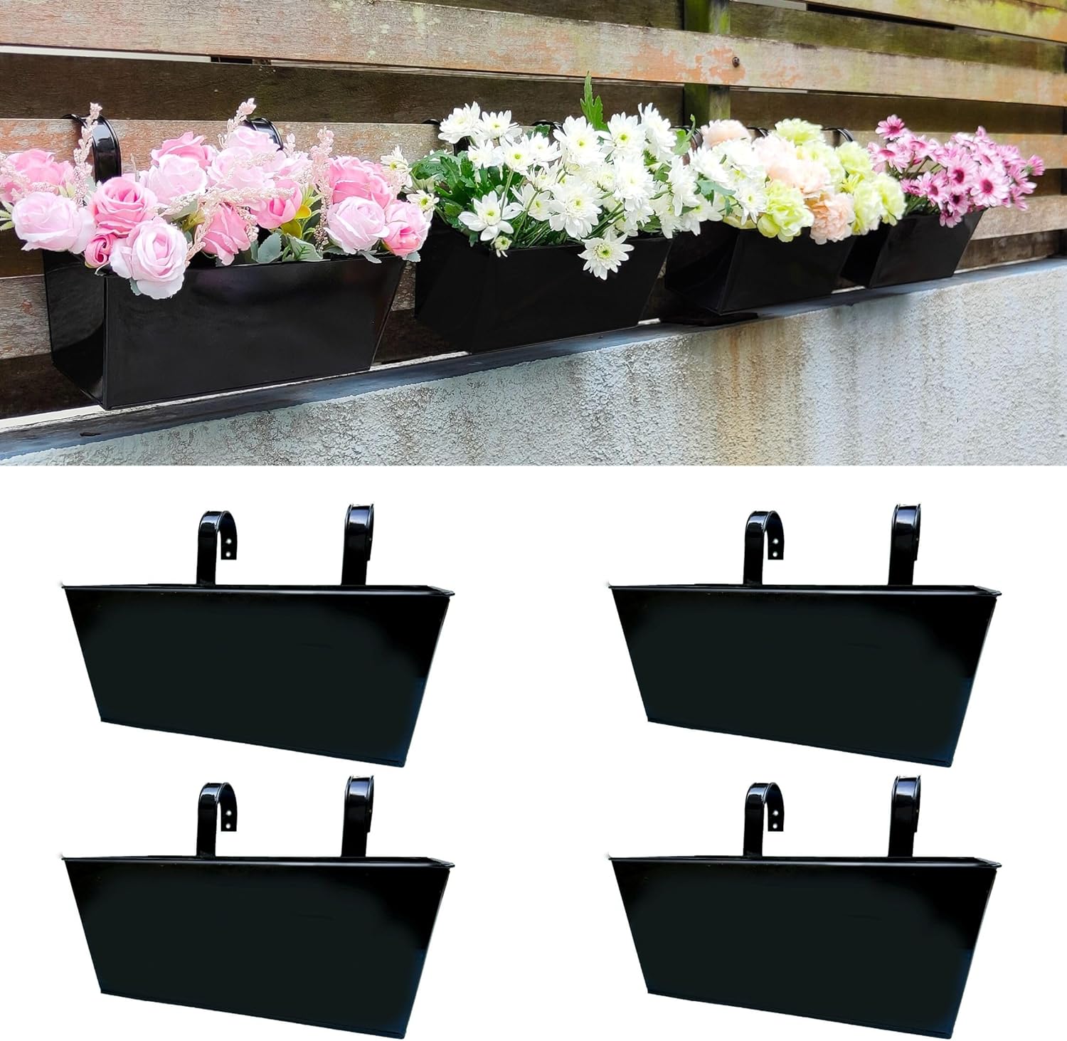 Rail Planter Box (4 Pack, 16 Inch) Large Black Metal Hanging Flower ...
