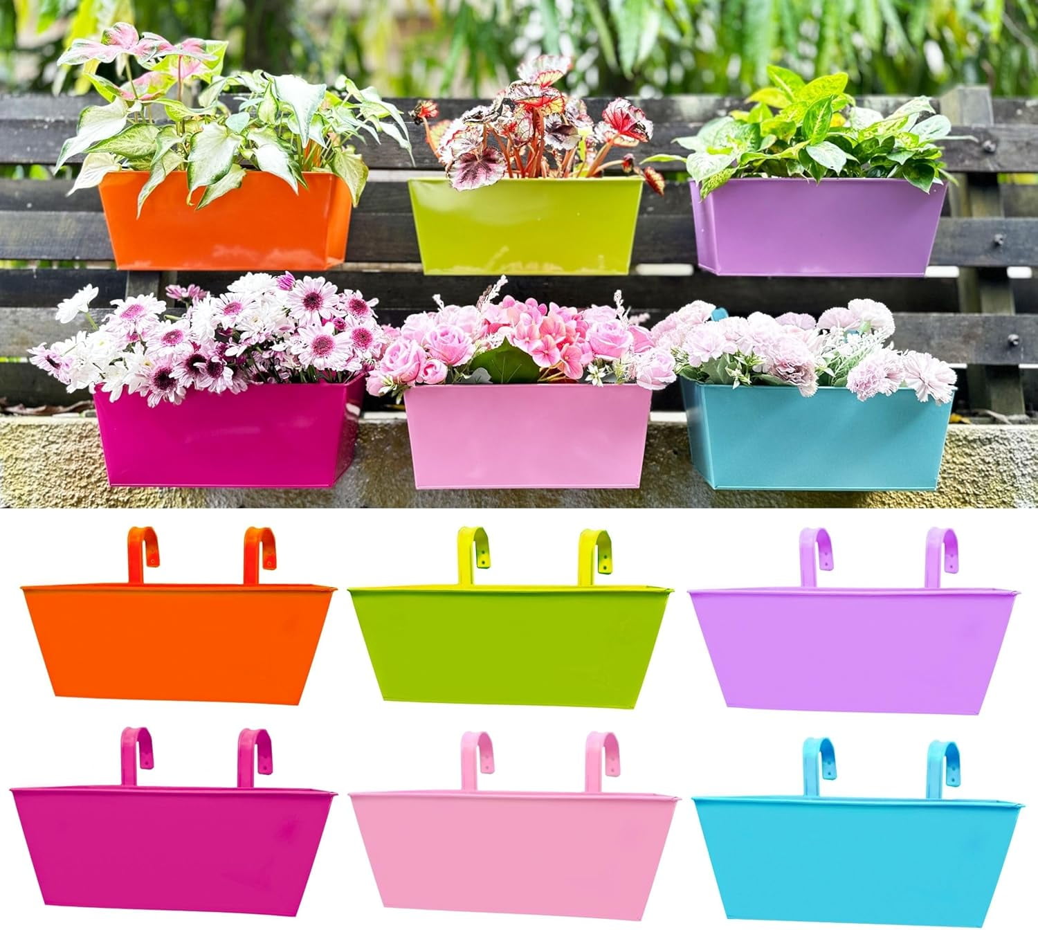 Rail Planter for Outdoor Plants (6 Pack, 16 Inch) Colorful Metal ...
