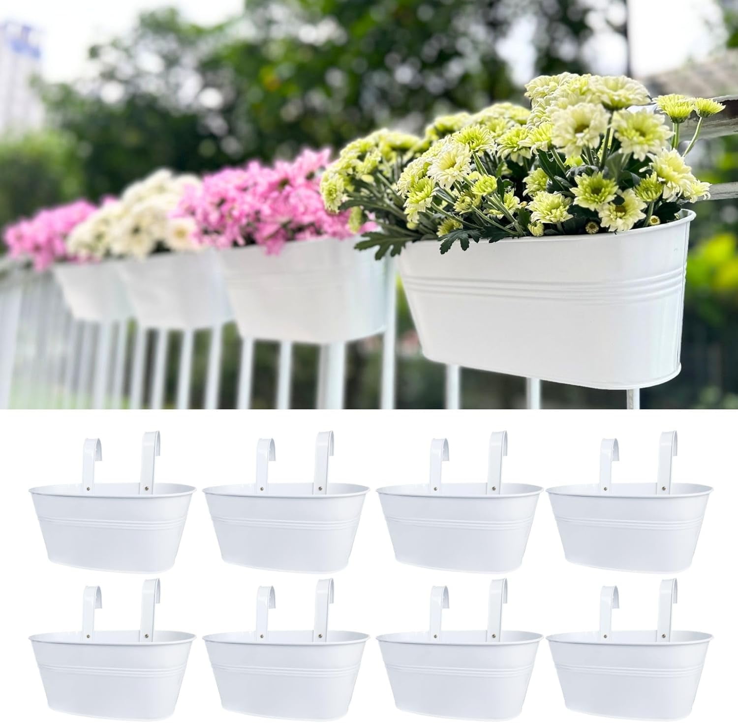 Rail Planters for Outdoor (8 Pack, 11.2 Inch) White Metal Iron Hanging Flower Pots, Strawberry ...