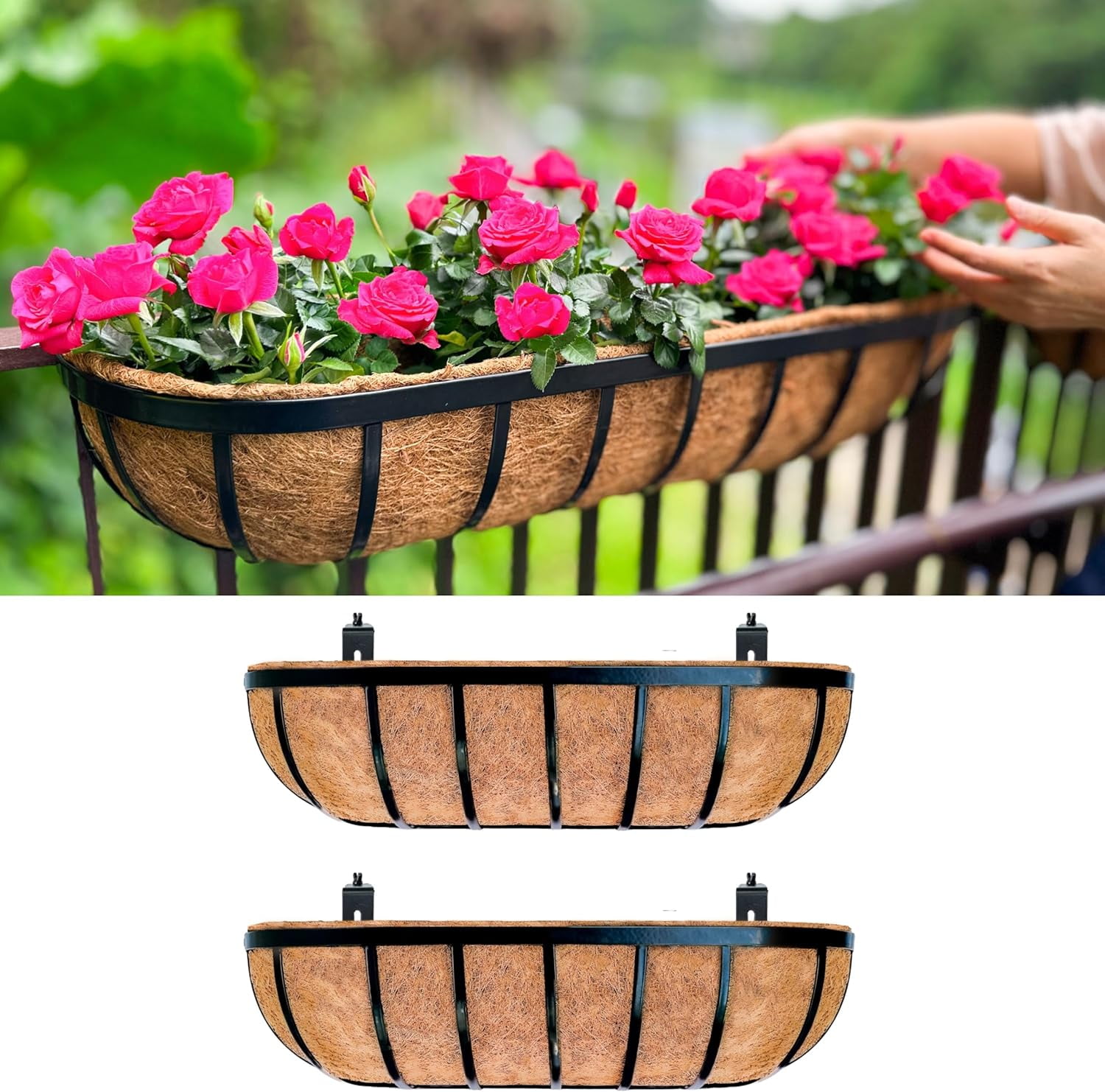 Railing Planter Box (2 Pack, 24 Inch) Black Metal Rectangular Flower ...