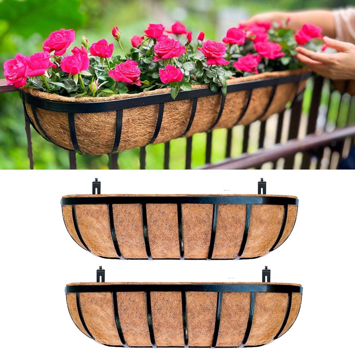Railing Planter Box (24 Inch, 2 Pack) Black Metal Rectangular Hanging ...