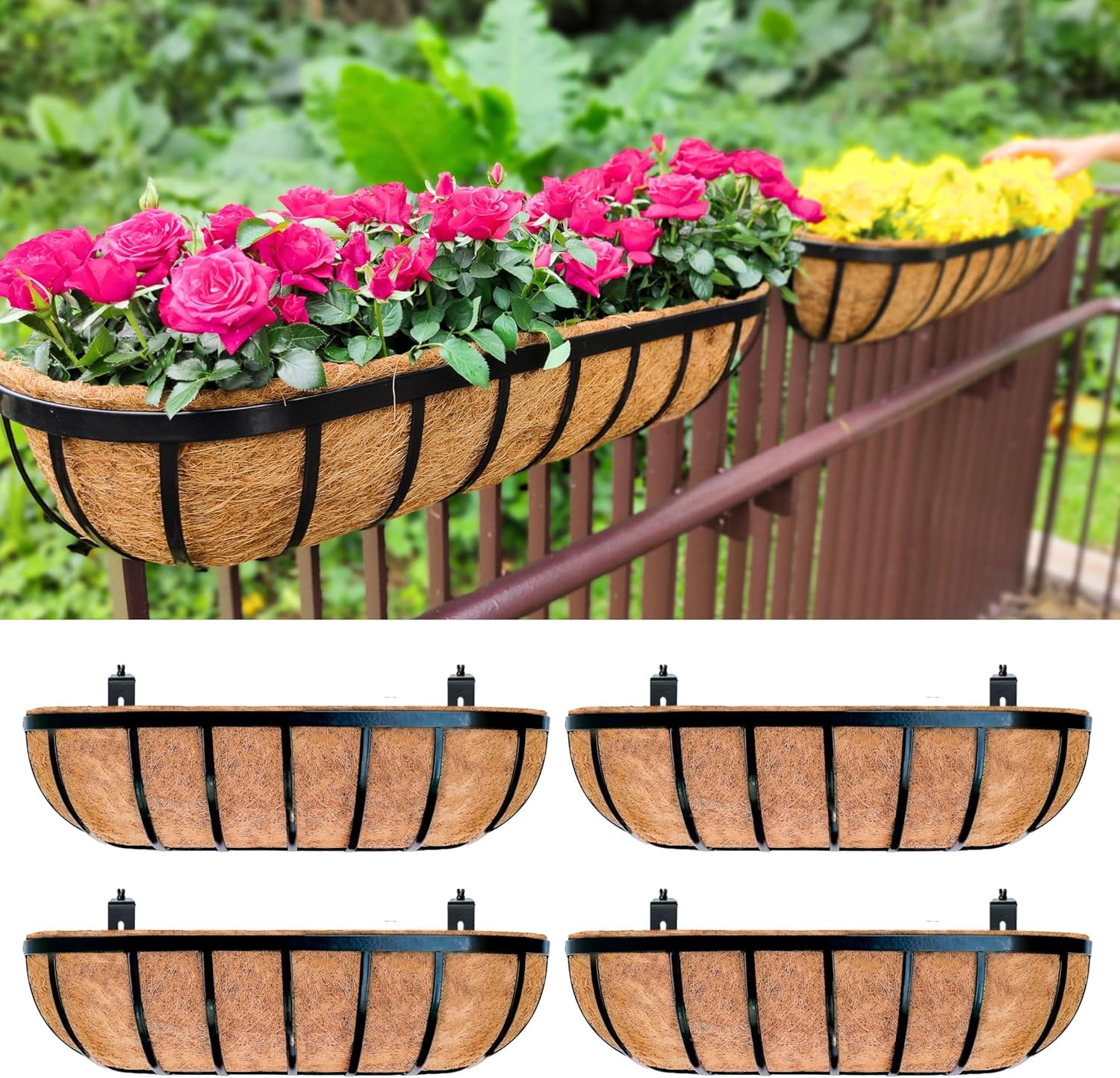 Railing Planter Box (24 Inch, 4 Pack) Black Metal Rectangular Hanging ...