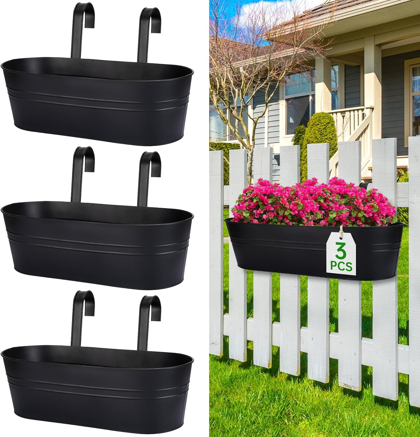 Railing Planter Box, 3 Pack 16" Large Hanging Planters for Outdoor ...