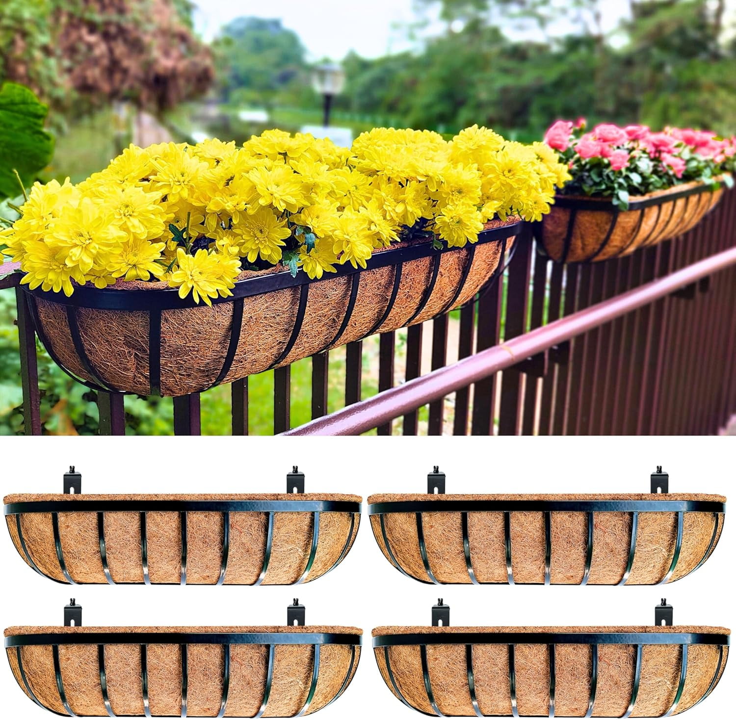 Railing Planter Boxes (4 Pack, 30 Inch) Black Metal Rectangular Flower ...