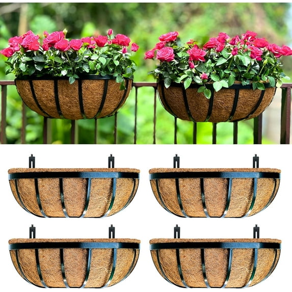 Railing Planter Boxes Outdoor (4 Pack, 16 Inch) Black Metal Rectangular ...