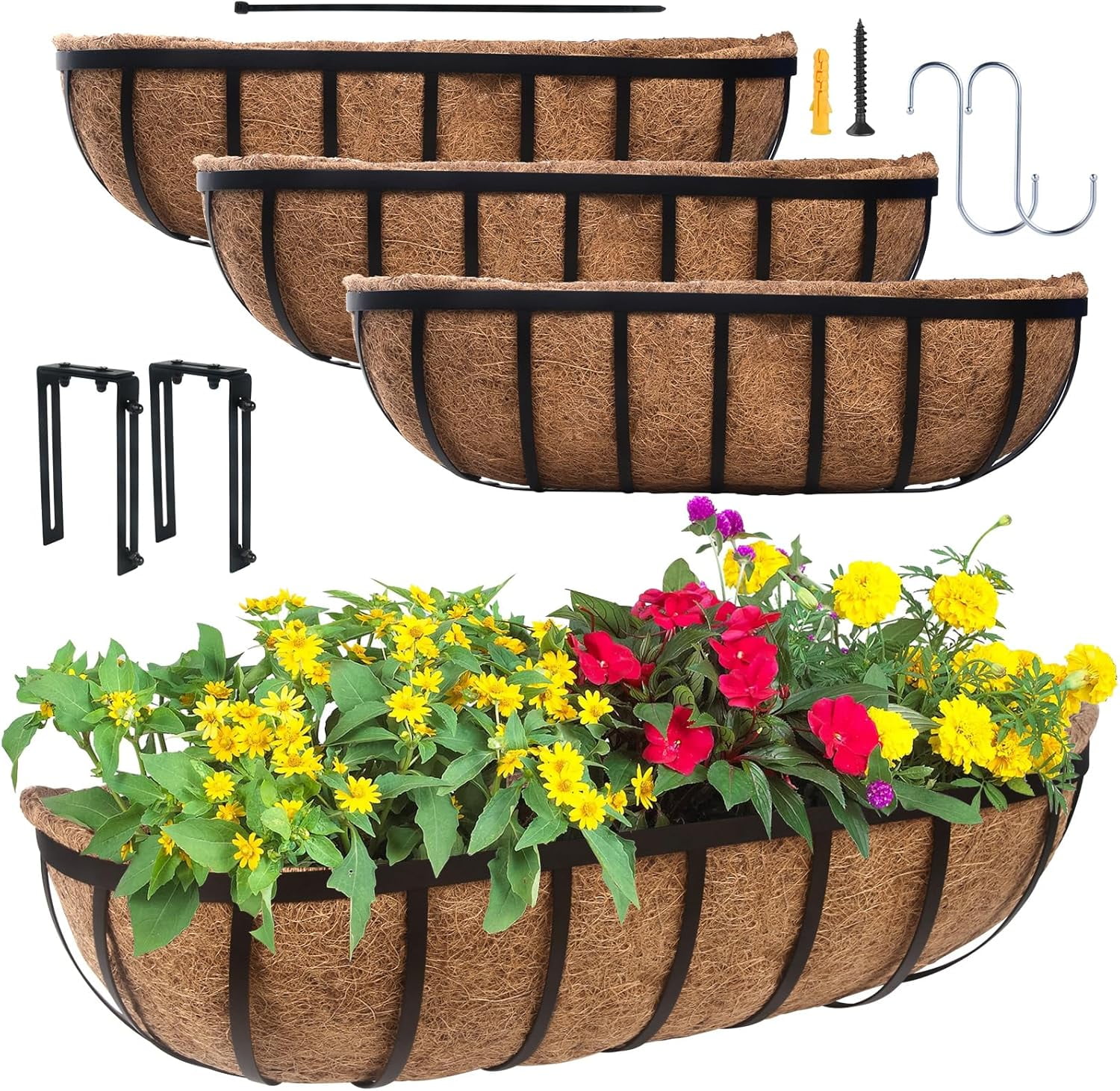 Railing Planter Window Box - 2 Pack 24" Horse Trough Planter with Coco ...