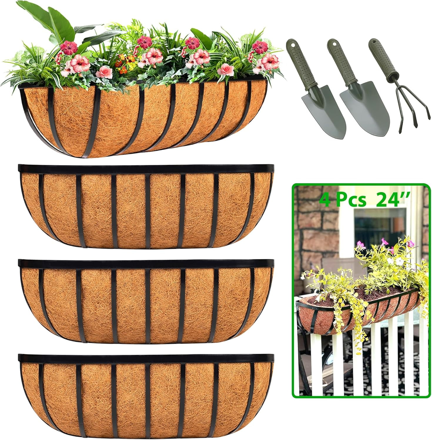 Railing Planter Window Box - 4 Pack 24 Inch Deck Balcony Rail Planter ...