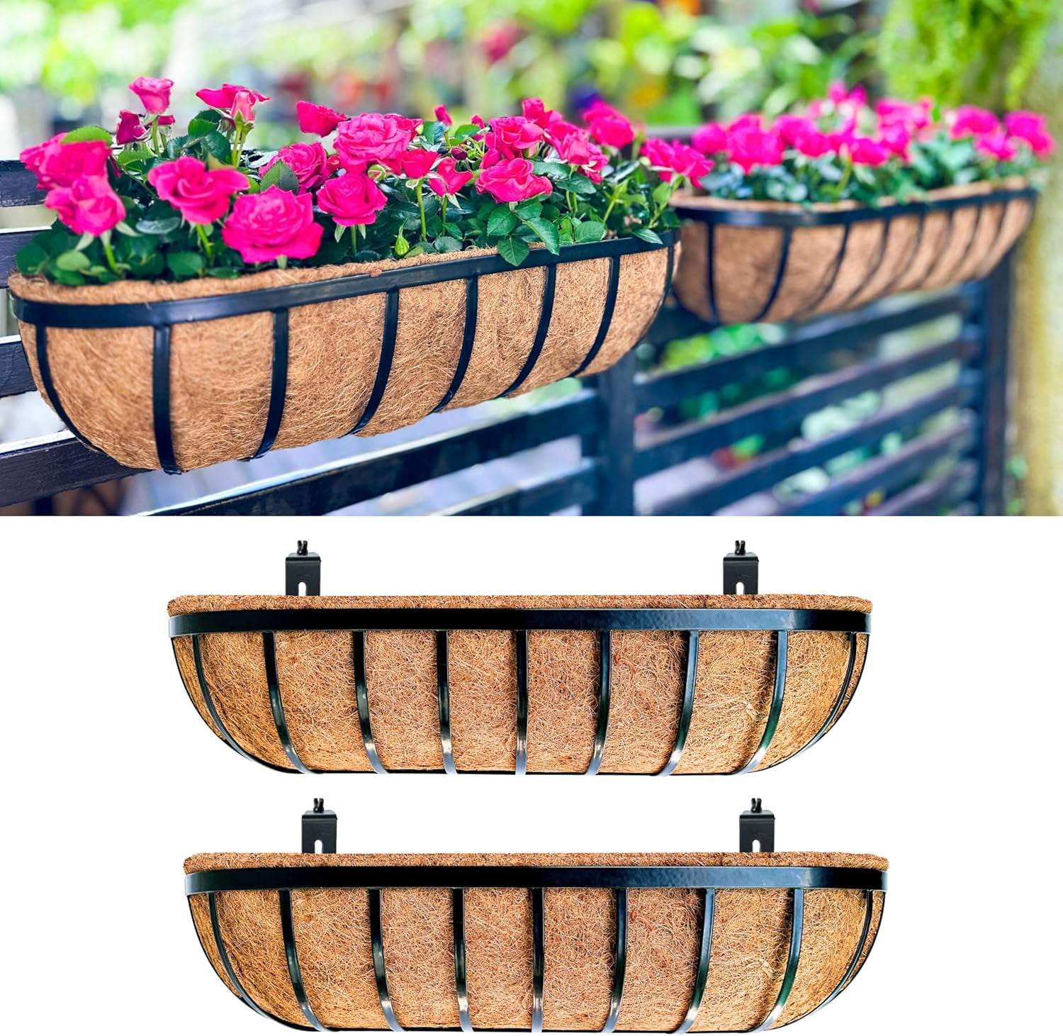 Railing Planters Box (2 Pack, 30") Black Metal Large Rectangular Window ...