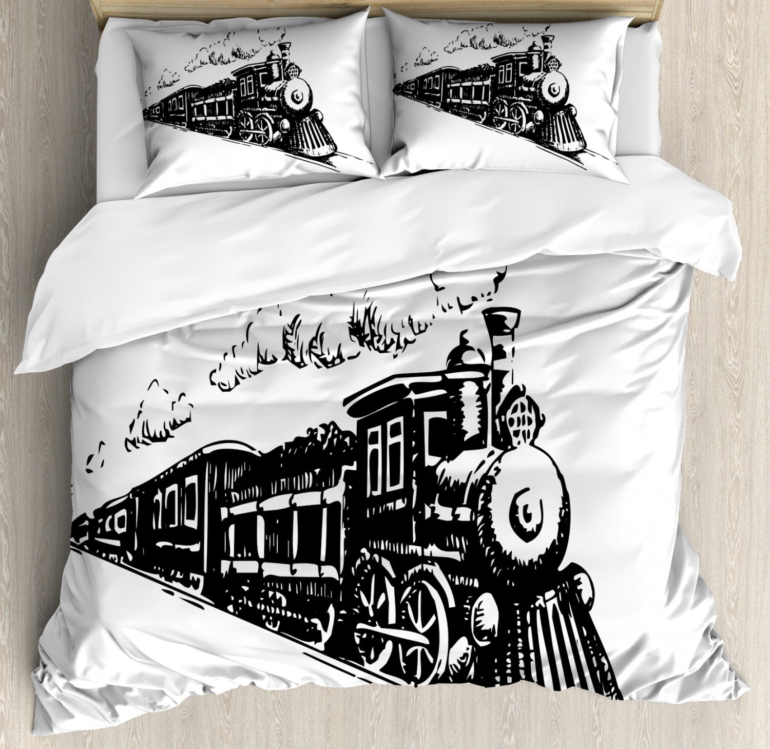 Railroad Duvet Cover Set Queen Size, Steaming Locomotive with Monotone ...