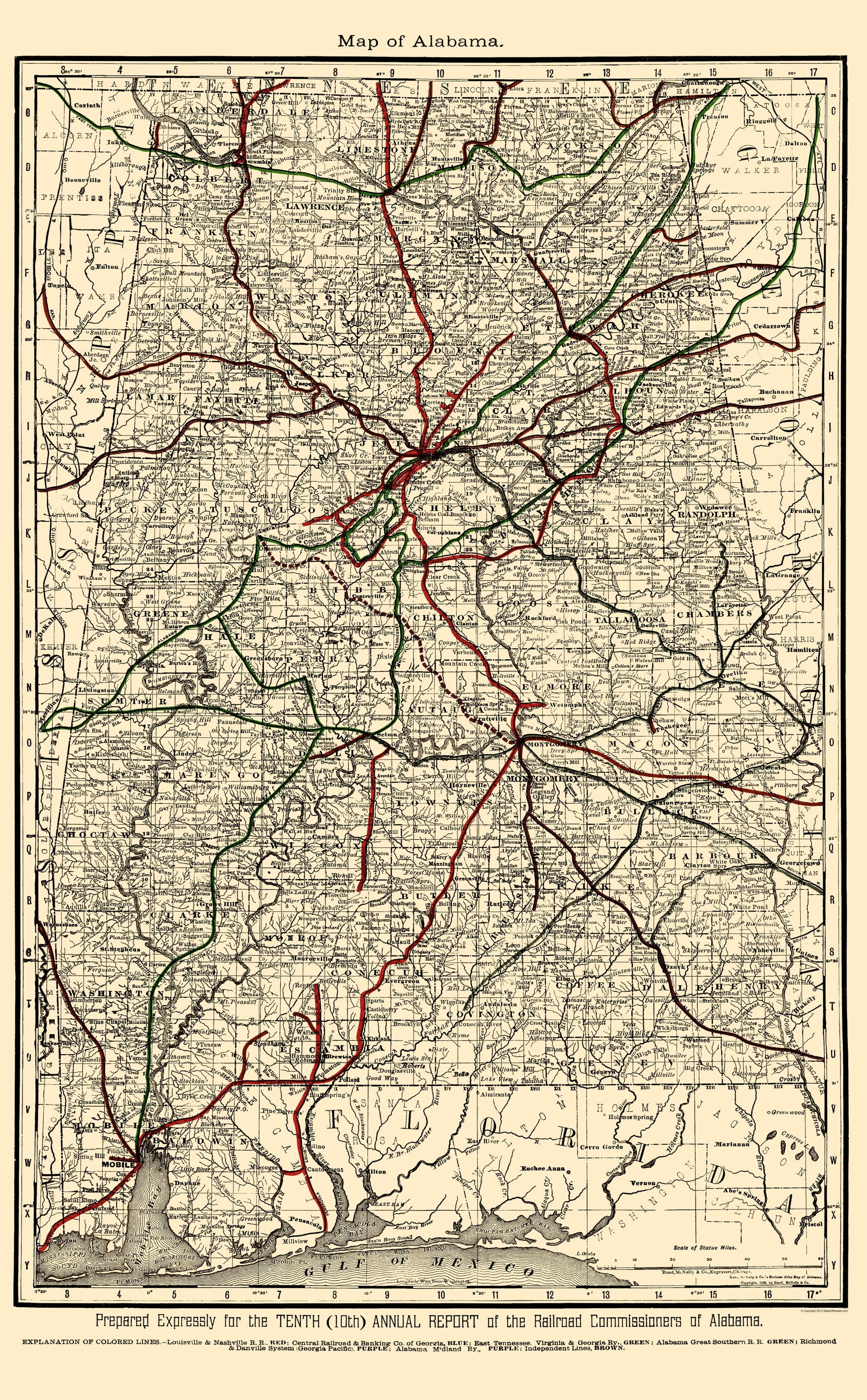 Railroad Map - Alabama Railroads - Rand McNally 1888 - 23 x 37.15 ...