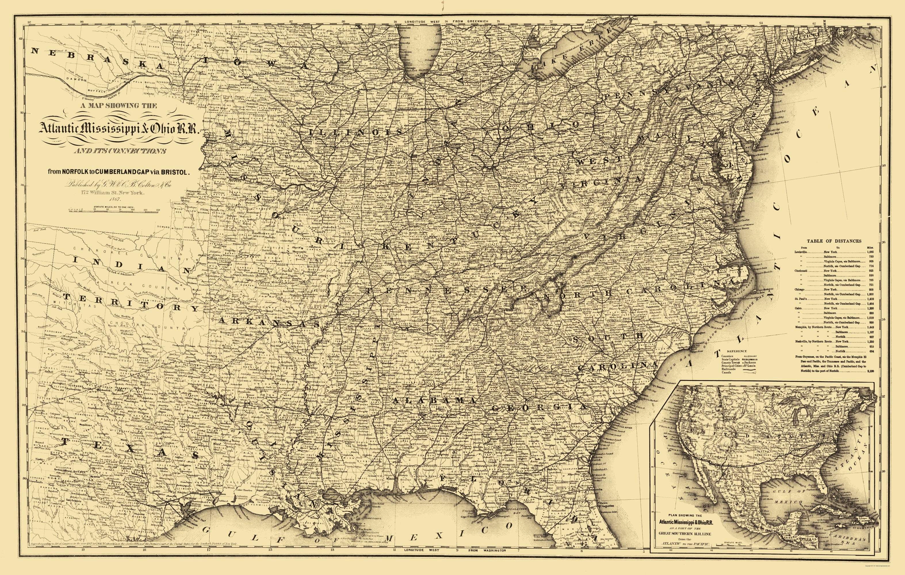 Railroad Map - Atlantic Mississippi and Ohio Railroad - Colton 1867 ...