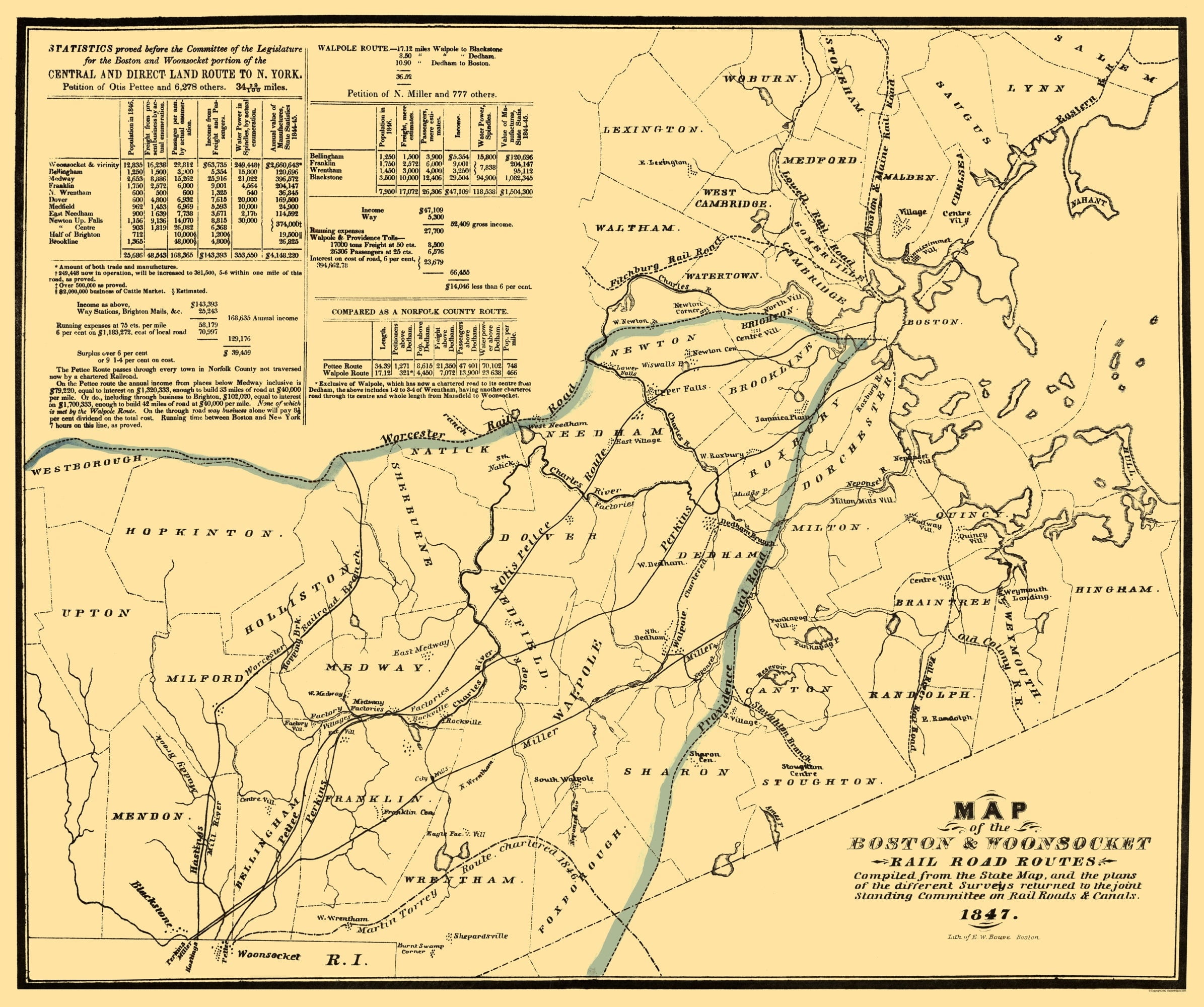 Railroad Map - Boston and Woonsocket Railroad - Bouve 1847 - 23 x 27.49 ...
