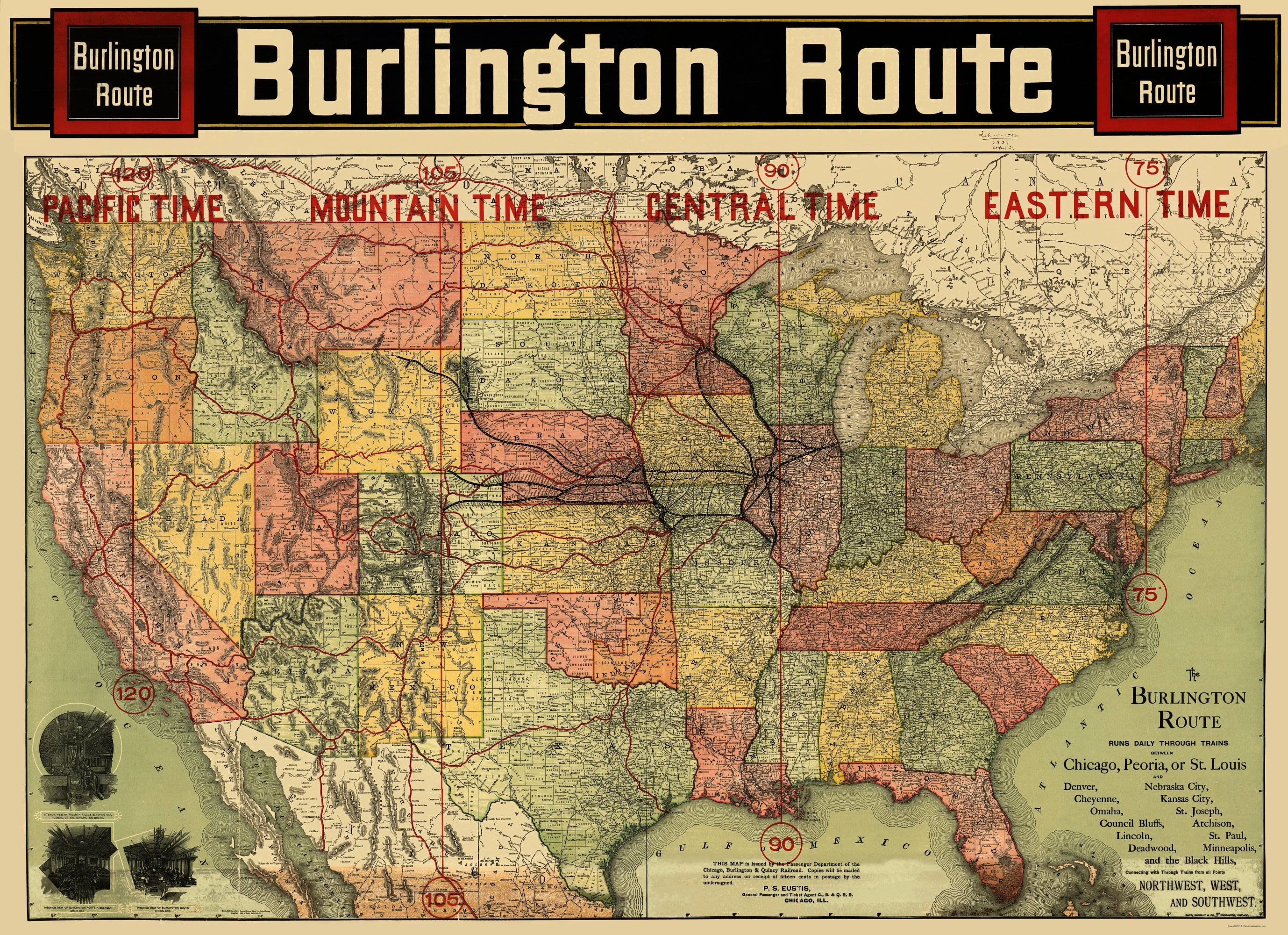 Railroad Map - Burlington Railroad Route - Rand McNally 1892 - 23 x 31. ...