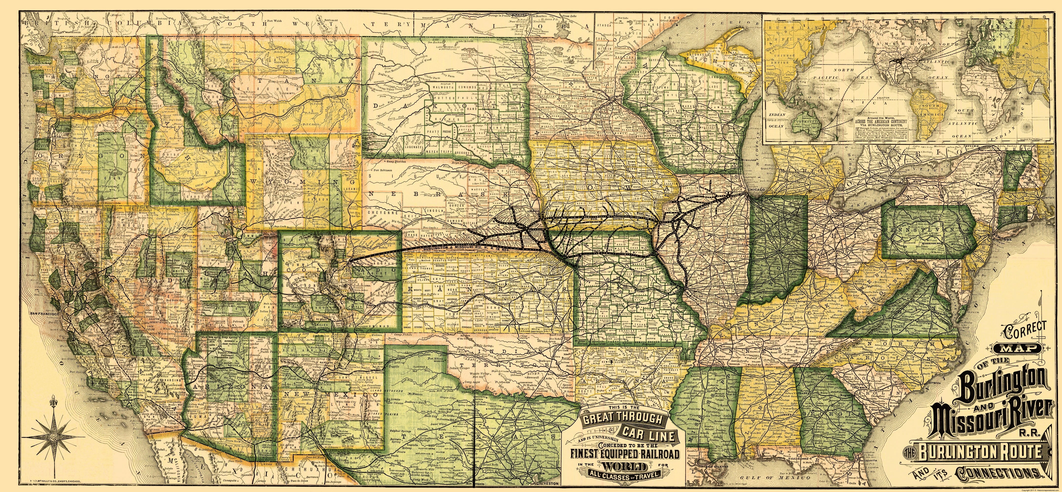Railroad Map - Burlington and Missouri River Railroad 1882 - 23 x 49 ...