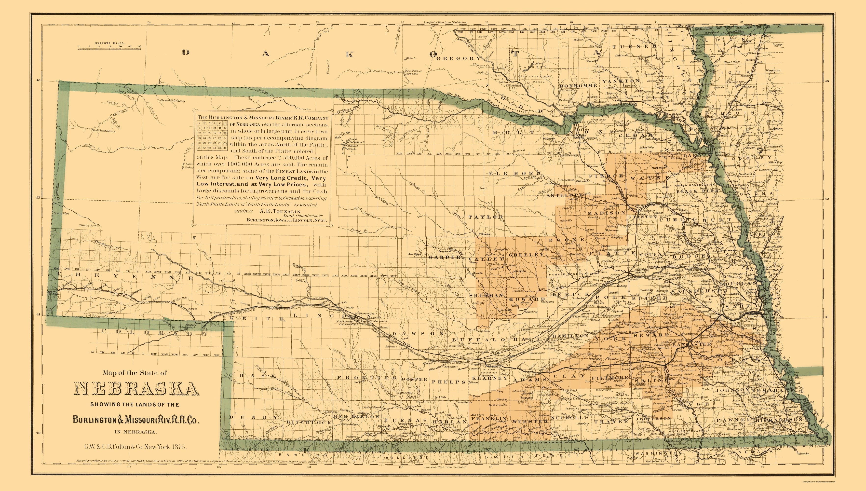 Railroad Map - Burlington and Missouri River Railroad -Colton 1876 - 23 ...