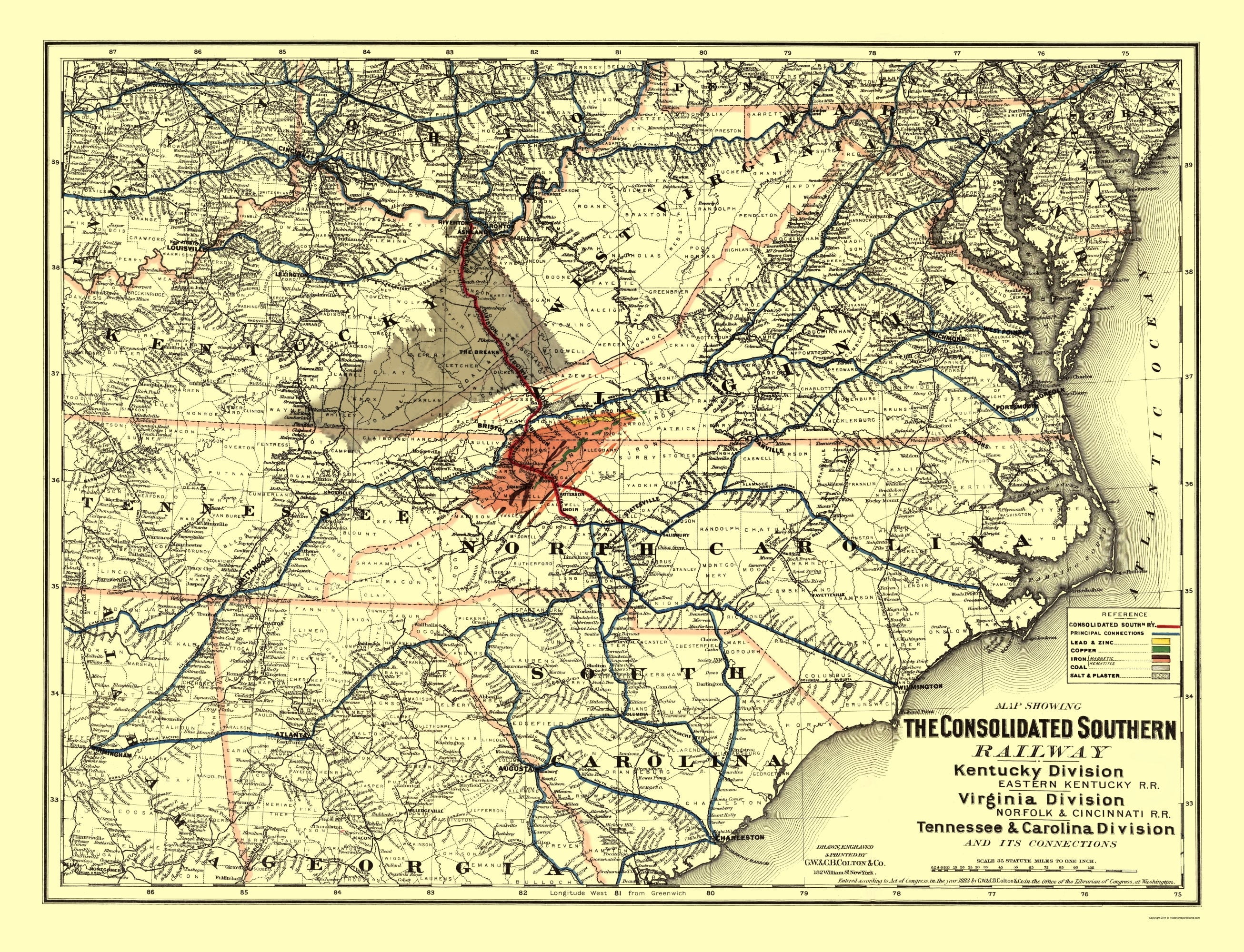 Railroad Map - Consolidated Southern Railroad - Colton 1883 - 23 x 30. ...