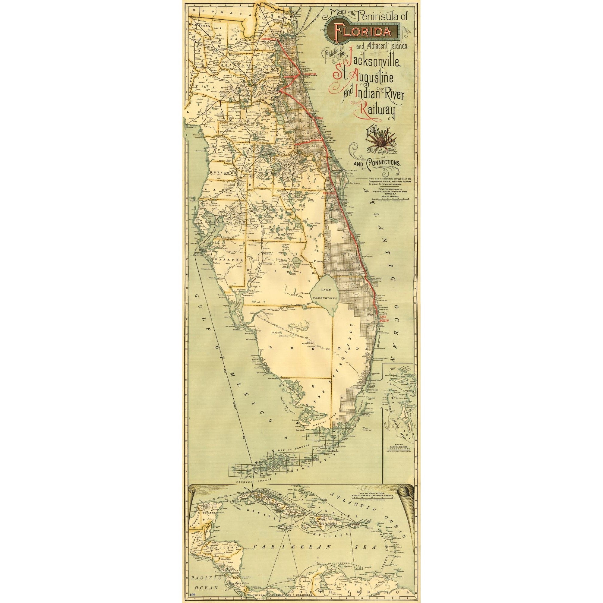 Railroad Map - Florida Railway Connections - Northrup 1893 - Vintage ...