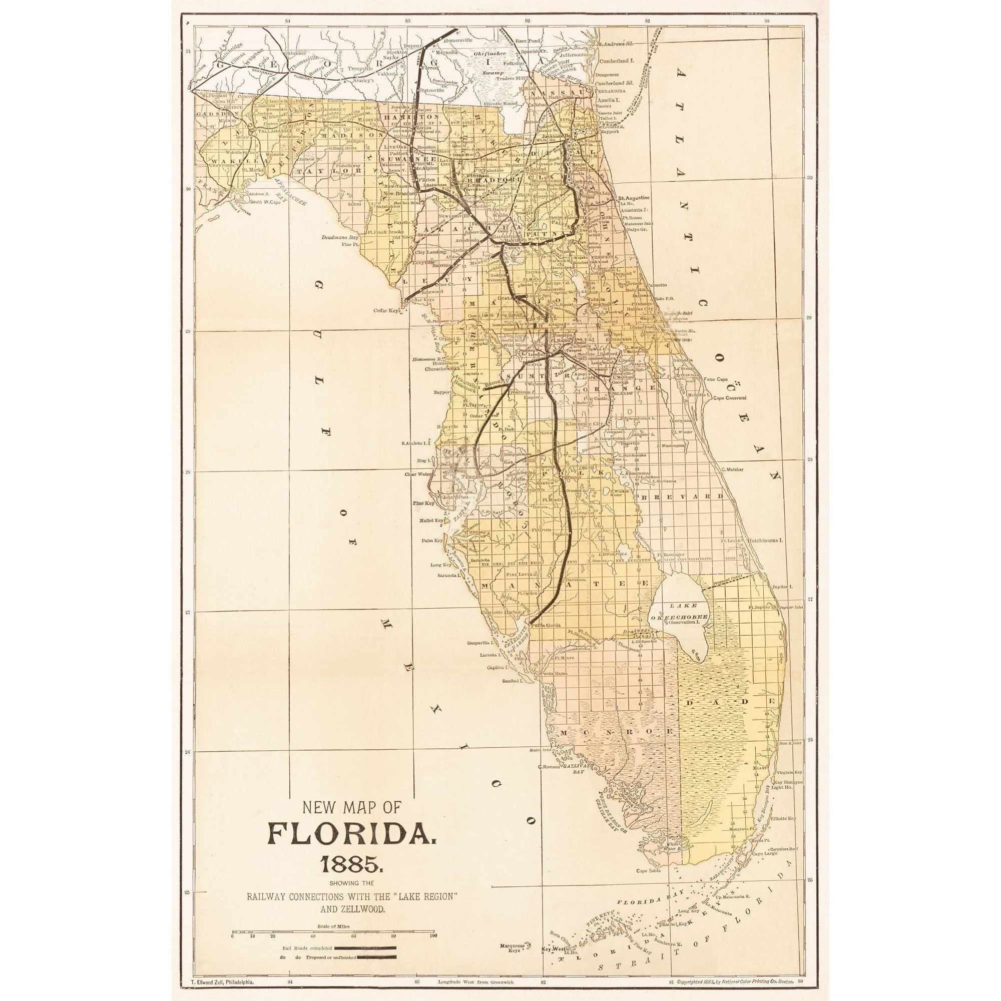 Railroad Map - Florida Railway Connections - Zell 1885 - 23 x 35 ...