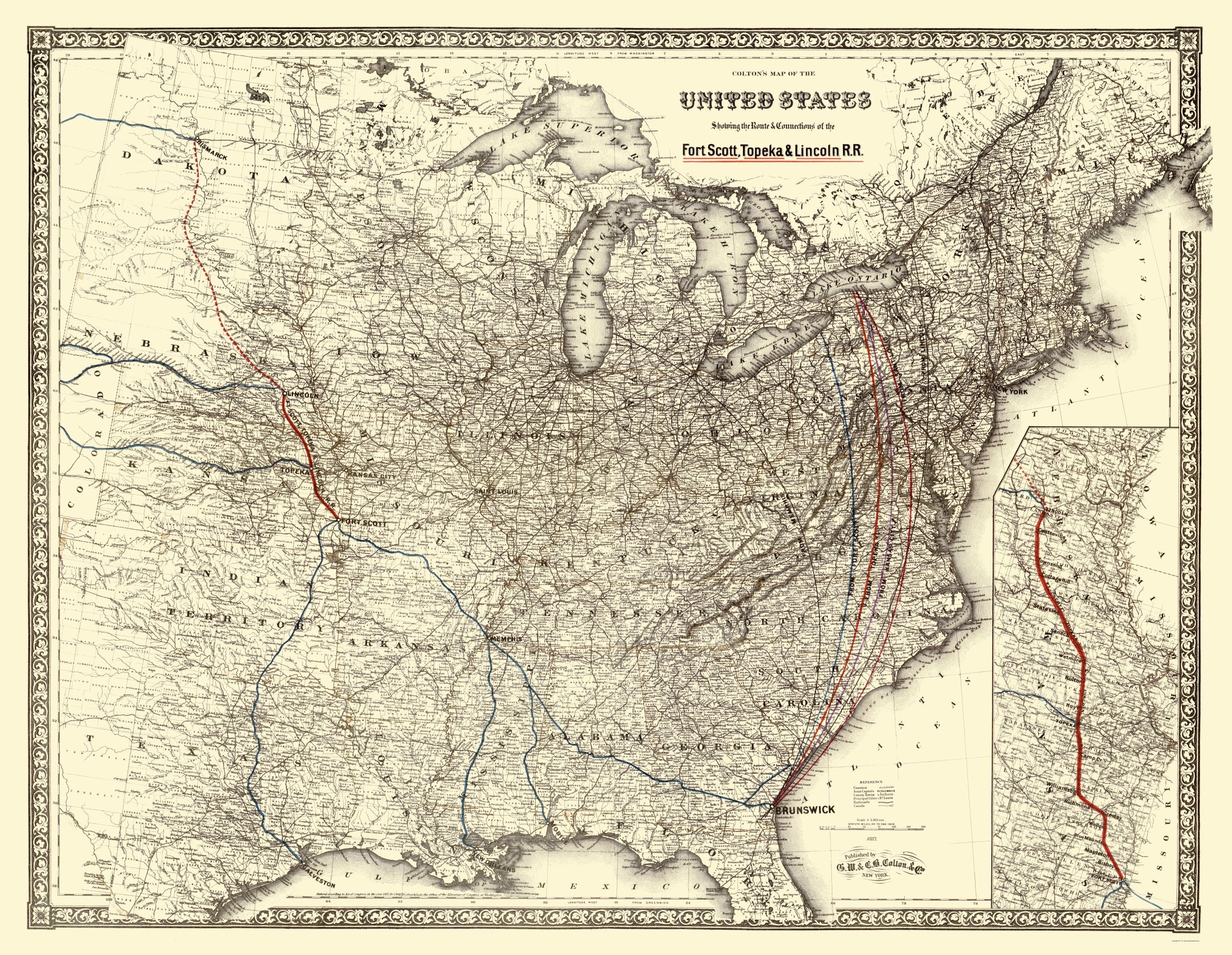 Railroad Map - Fort Scott Topeka and Lincoln Railroad - Colton 1883 ...