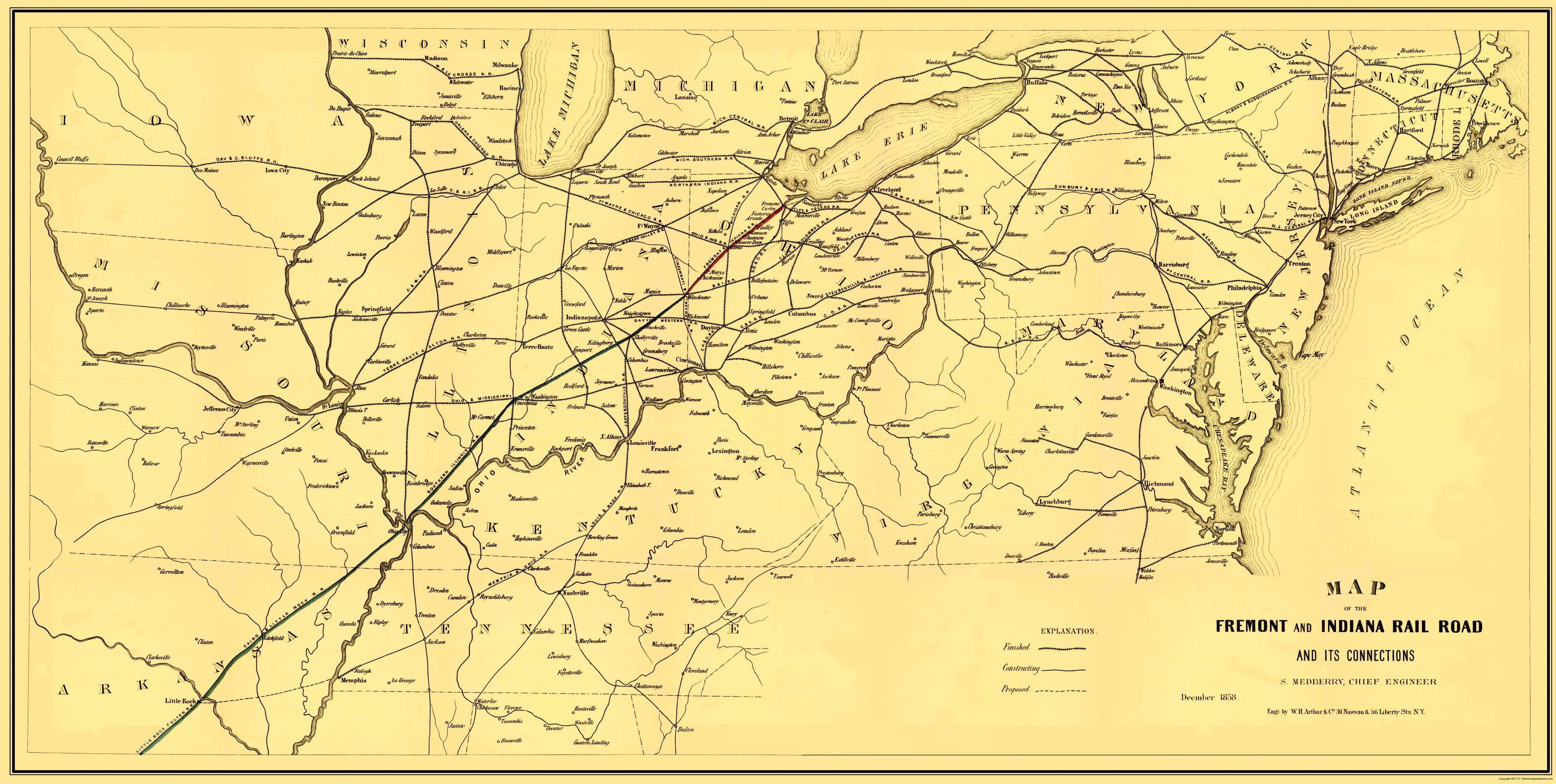 Railroad Map - Fremont and Indiana Railroad - Arthur 1858 - 23 x 45.62 ...