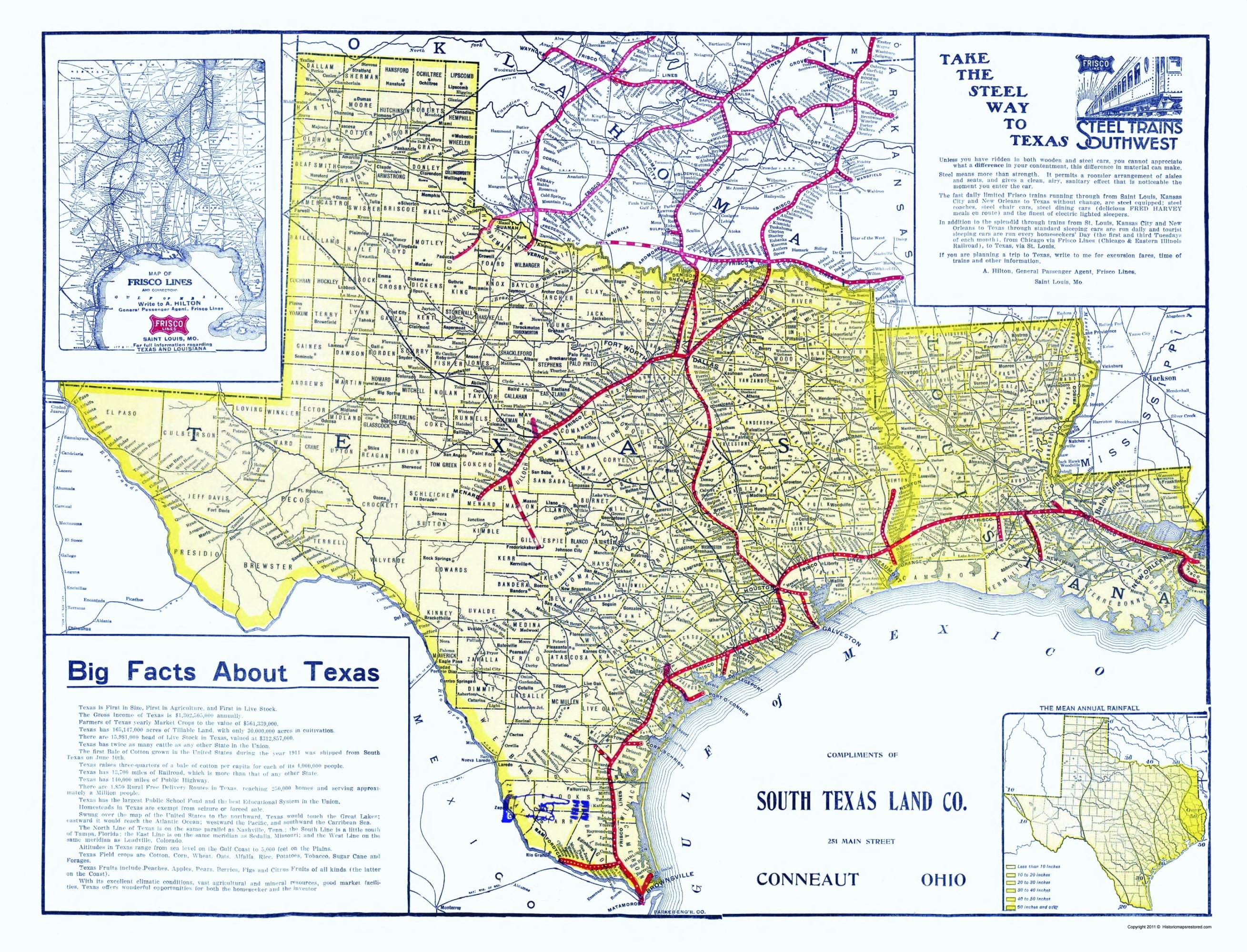 Railroad Map - Frisco Lines - South Texas Land 1911 - 23 x 30.10 ...