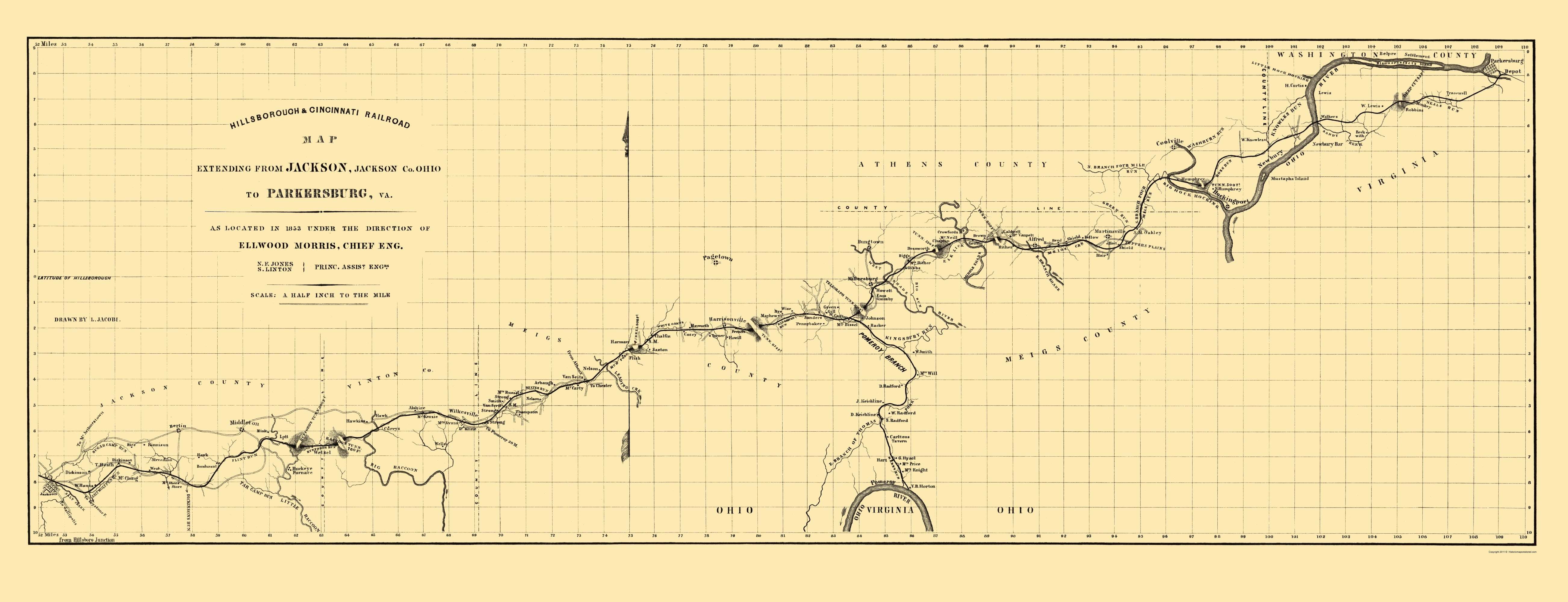 Railroad Map - Hillsborough and Cincinnati Railroad - Jacobil 1853 - 23 ...