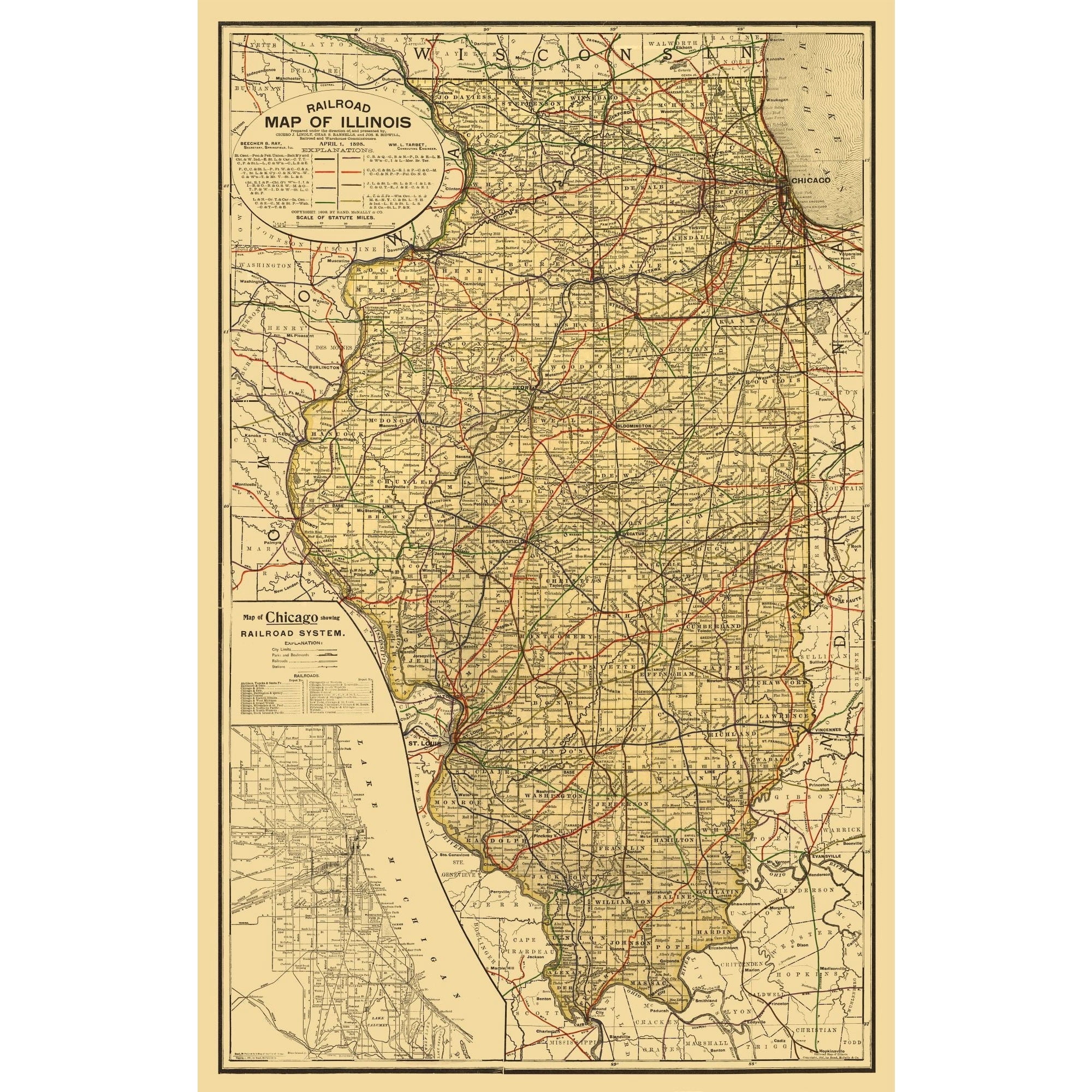 Railroad Map - Illinois Railroad - Rand McNally 1898 - 23 x 36.01 ...