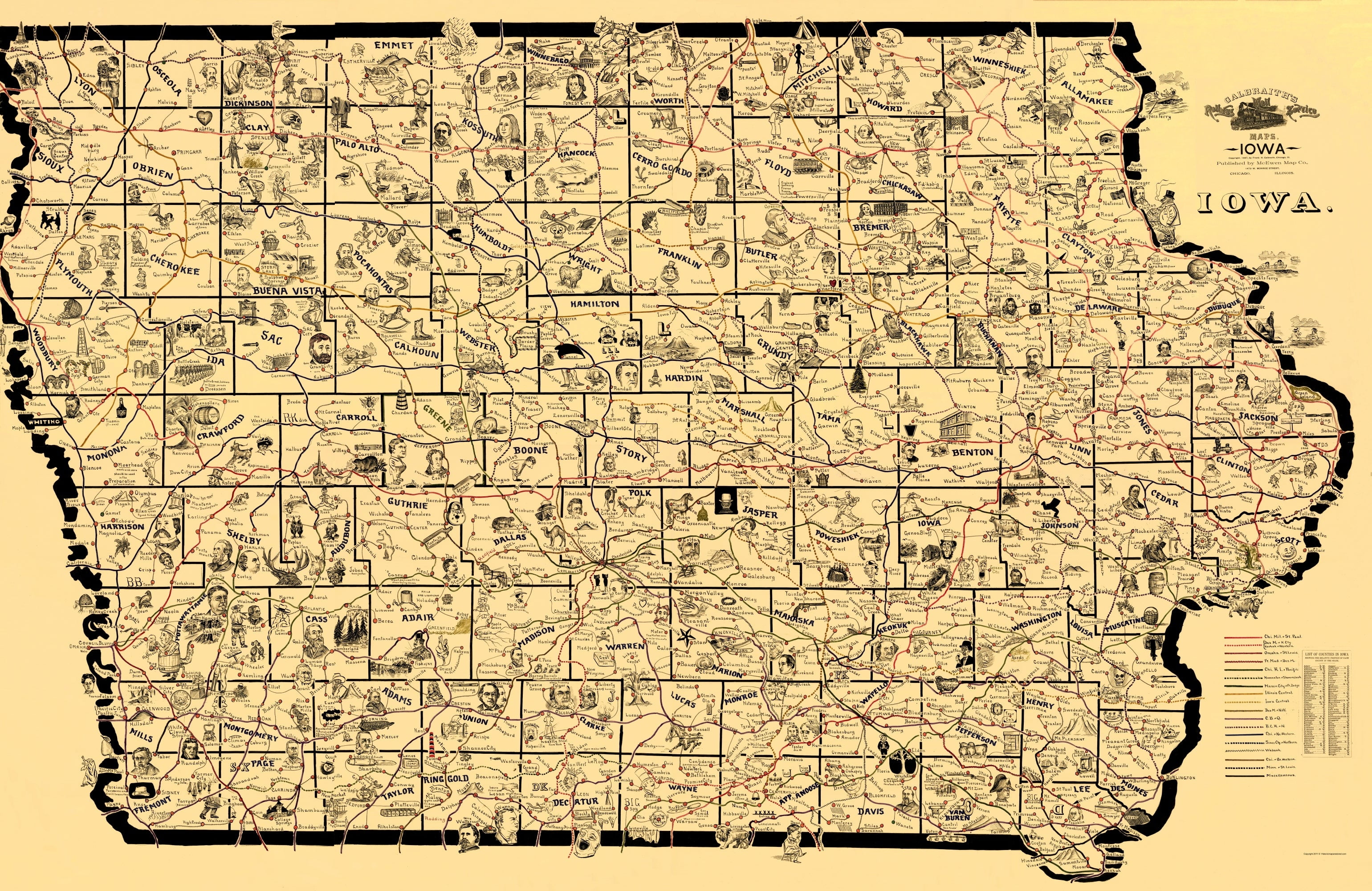 Railroad Map - Iowa Railroad Routes - McEwen 1897 - 23 x 35.43 ...