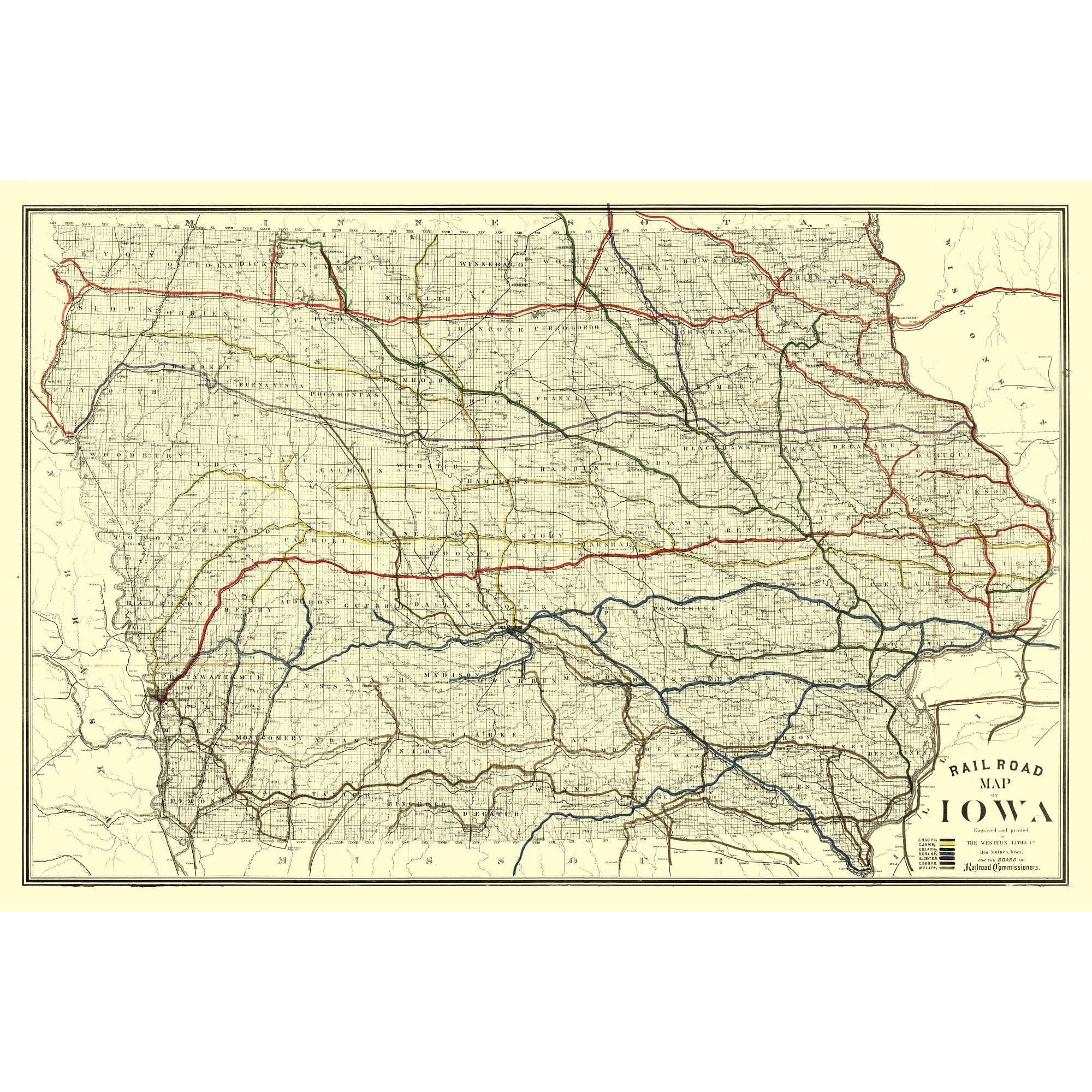 Railroad Map - Iowa Railroad - Western Litho 1881 - 34.32 x 23 ...