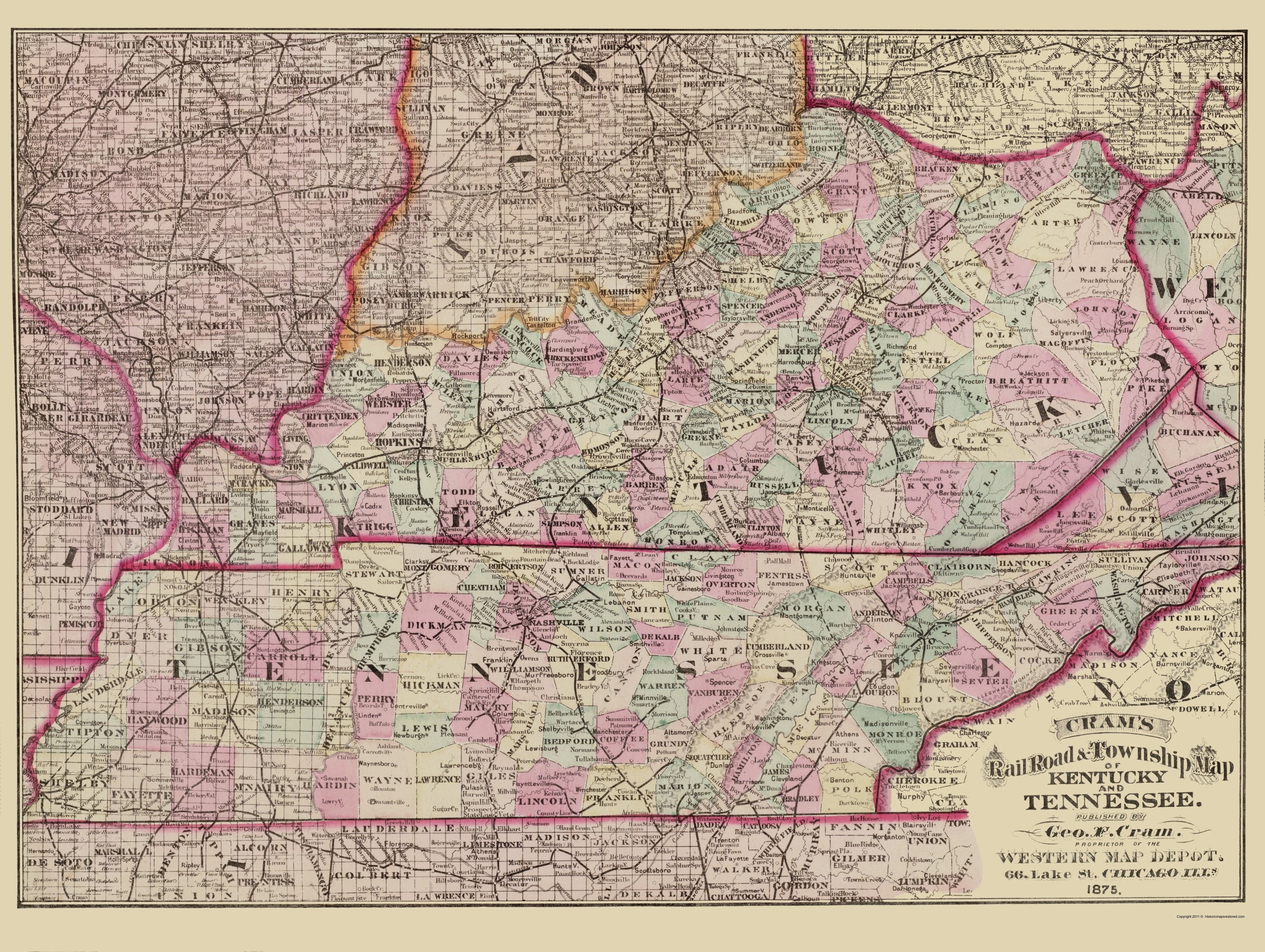 Railroad Map - Kentucky and Tennessee Railroads and Townships 1875 - 23 ...