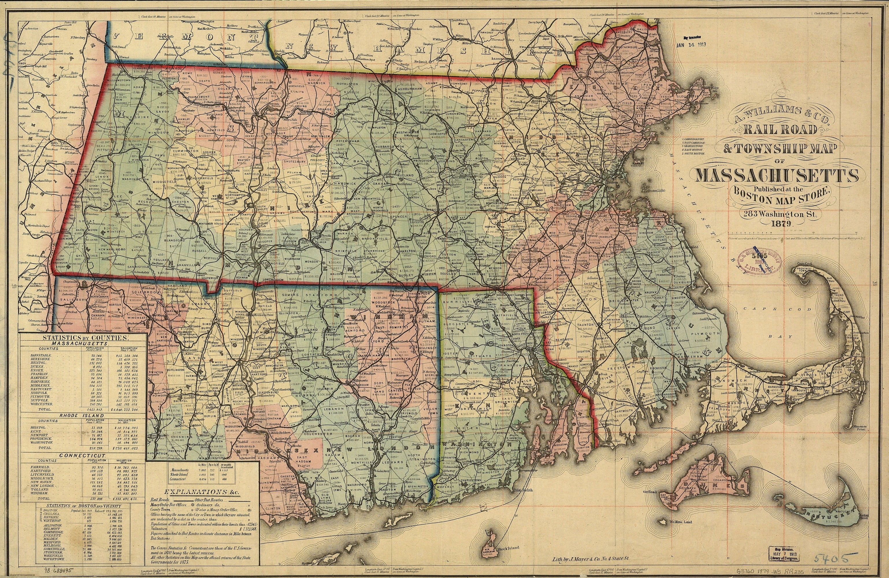 Railroad Map - Massachusetts Railroads - Williams 1879 - Vintage Wall ...