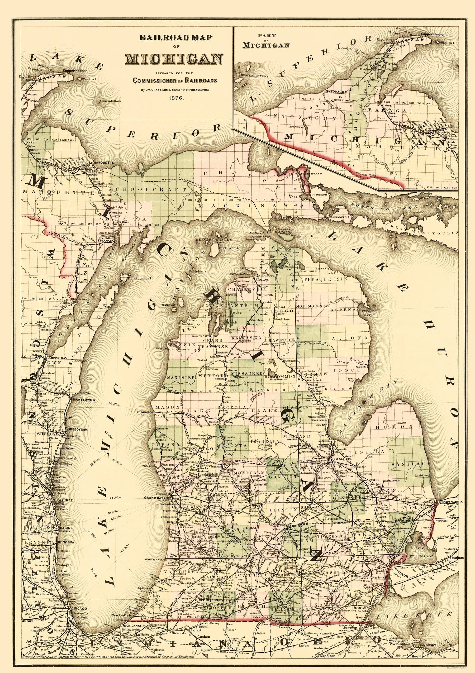 Railroad Map - Michigan Railroad Map - Gray 1876 - 23 x 32.58 - Vintage ...