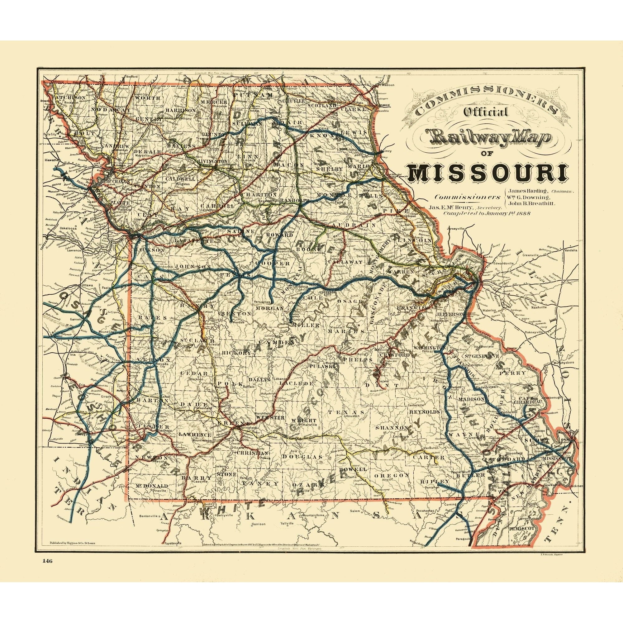 Railroad Map - Missouri Railroad - Higgins 1888 - 26.45 x 23 - Vintage ...