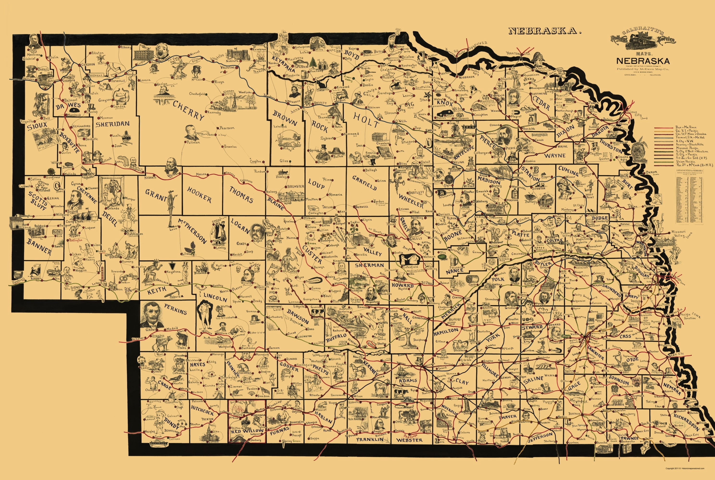 Railroad Map - Nebraska Railroads - McEwen 1897 - Vintage Wall Art ...